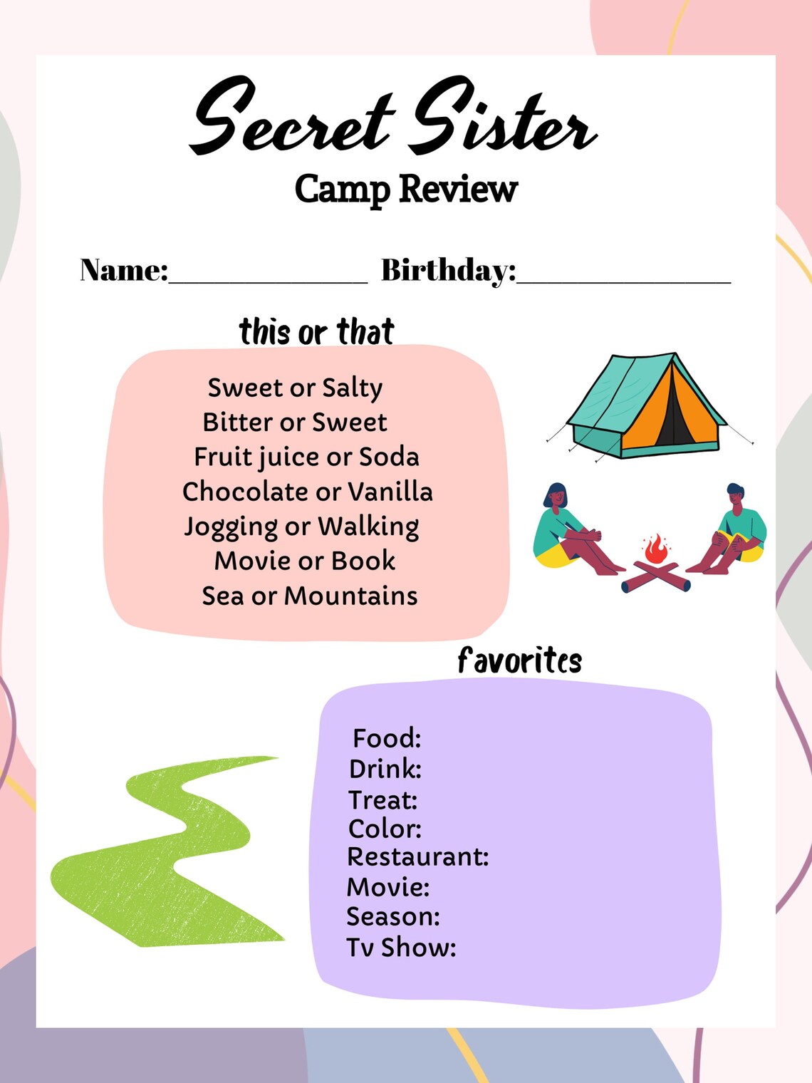 Girls Camp Secret Sister Survey Template: Editable PDF (canva Download ...