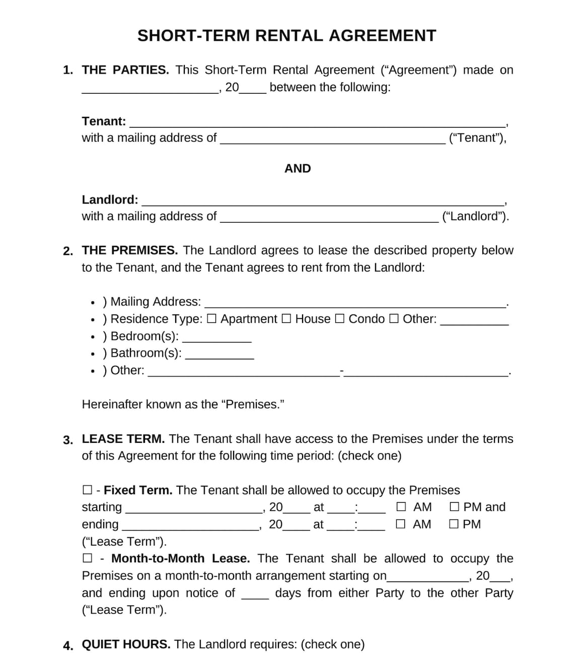 Printable Short Term Rental Agreement: Editable Landlord Contract ...