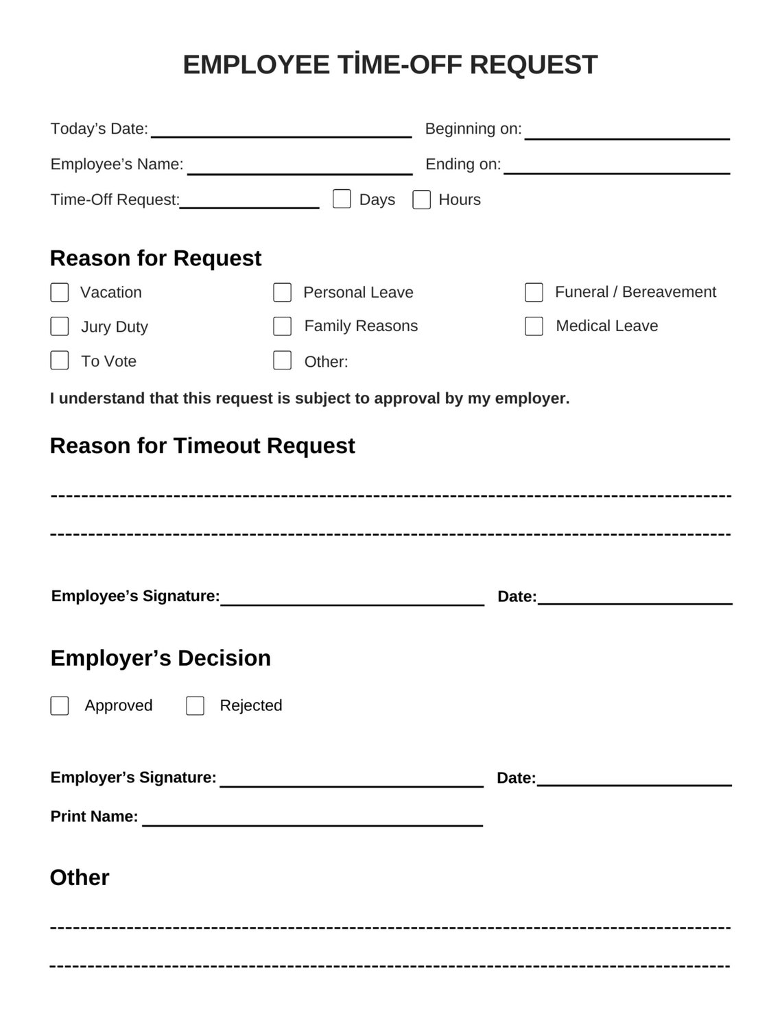 Printable Employee Time-off Request Form: Editable Vacation Template ...