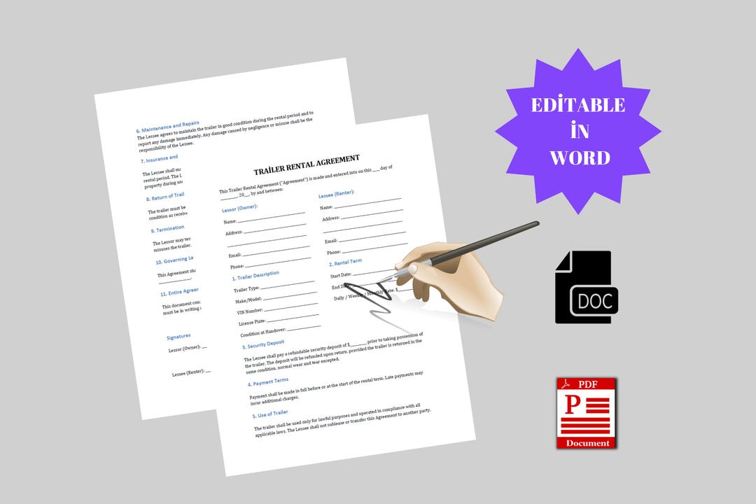 Editable Trailer Rental Agreement Template | Printable Trailer Hire ...