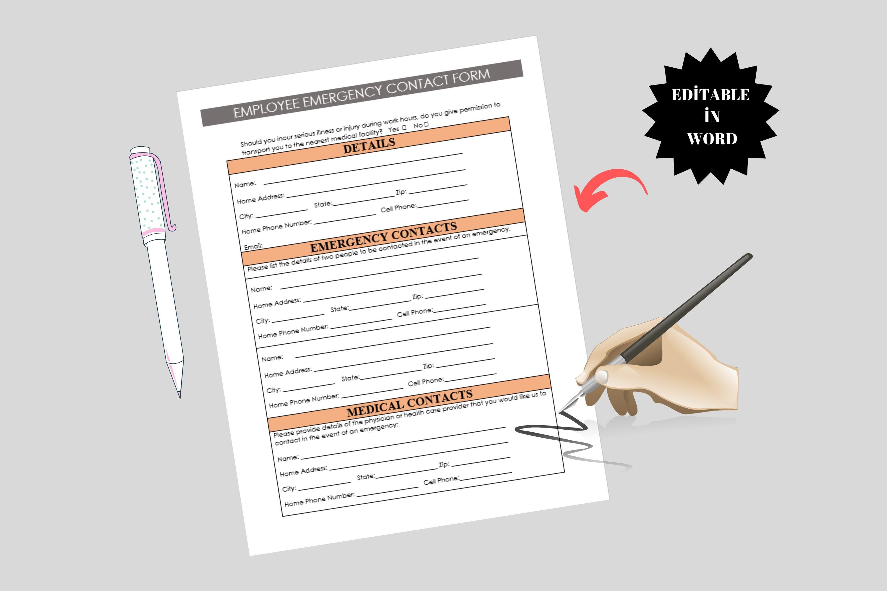Editable Emergency Contact Form Template (WORD) - Etsy