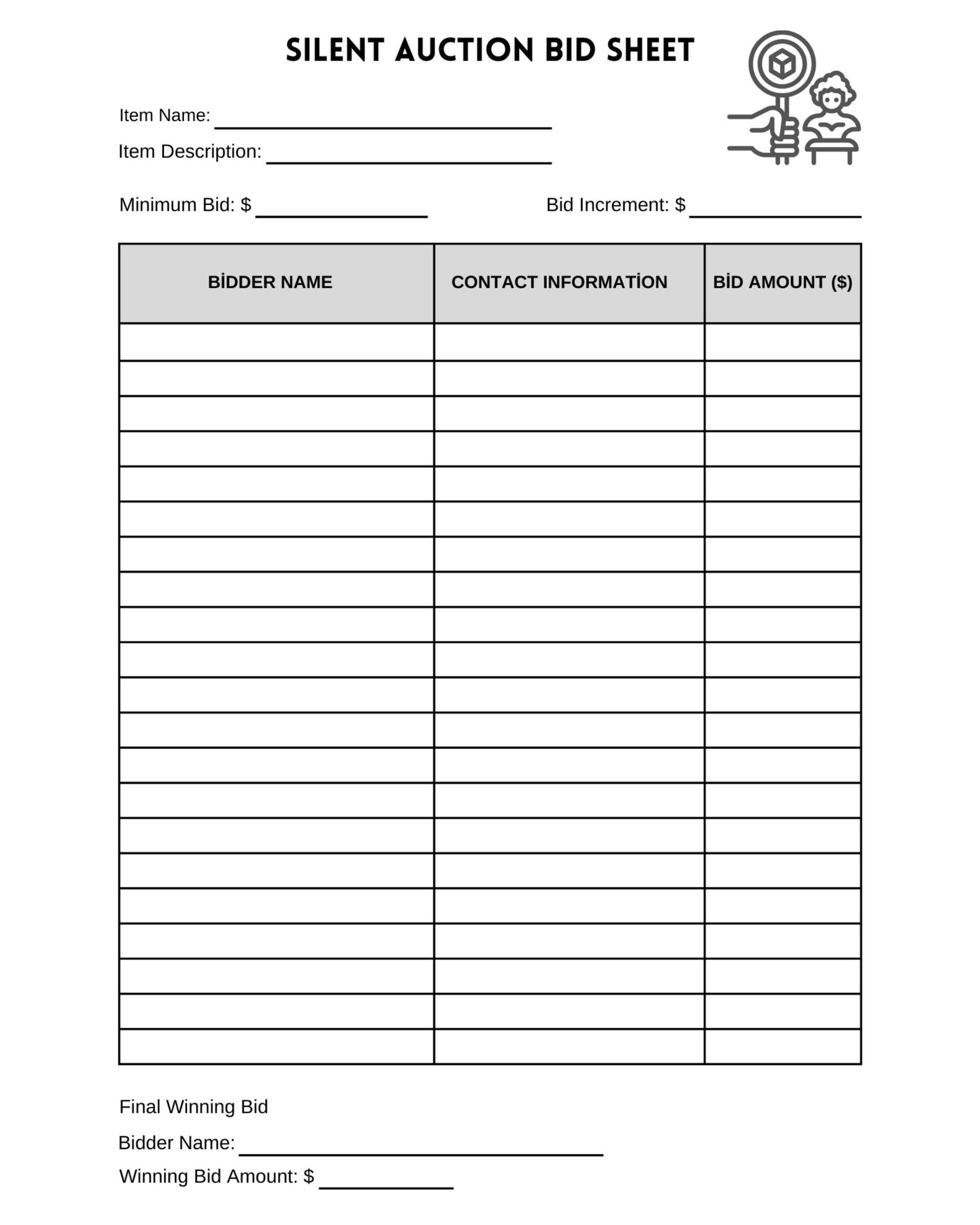 Printable Silent Auction Bid Sheet, Editable in Canva Silent Auction ...