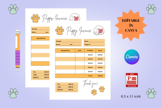 Printable Breeder Puppy Invoice Selling A Puppy - Etsy
