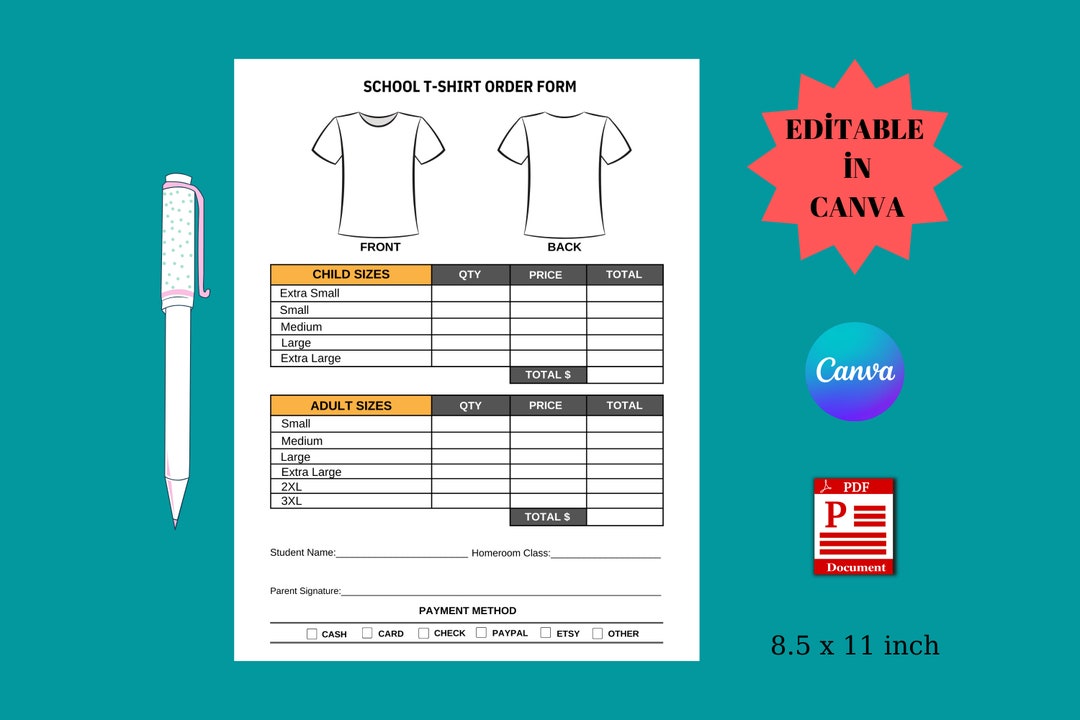 School T-shirt Order Form Template: Editable Canva PDF (digital ...