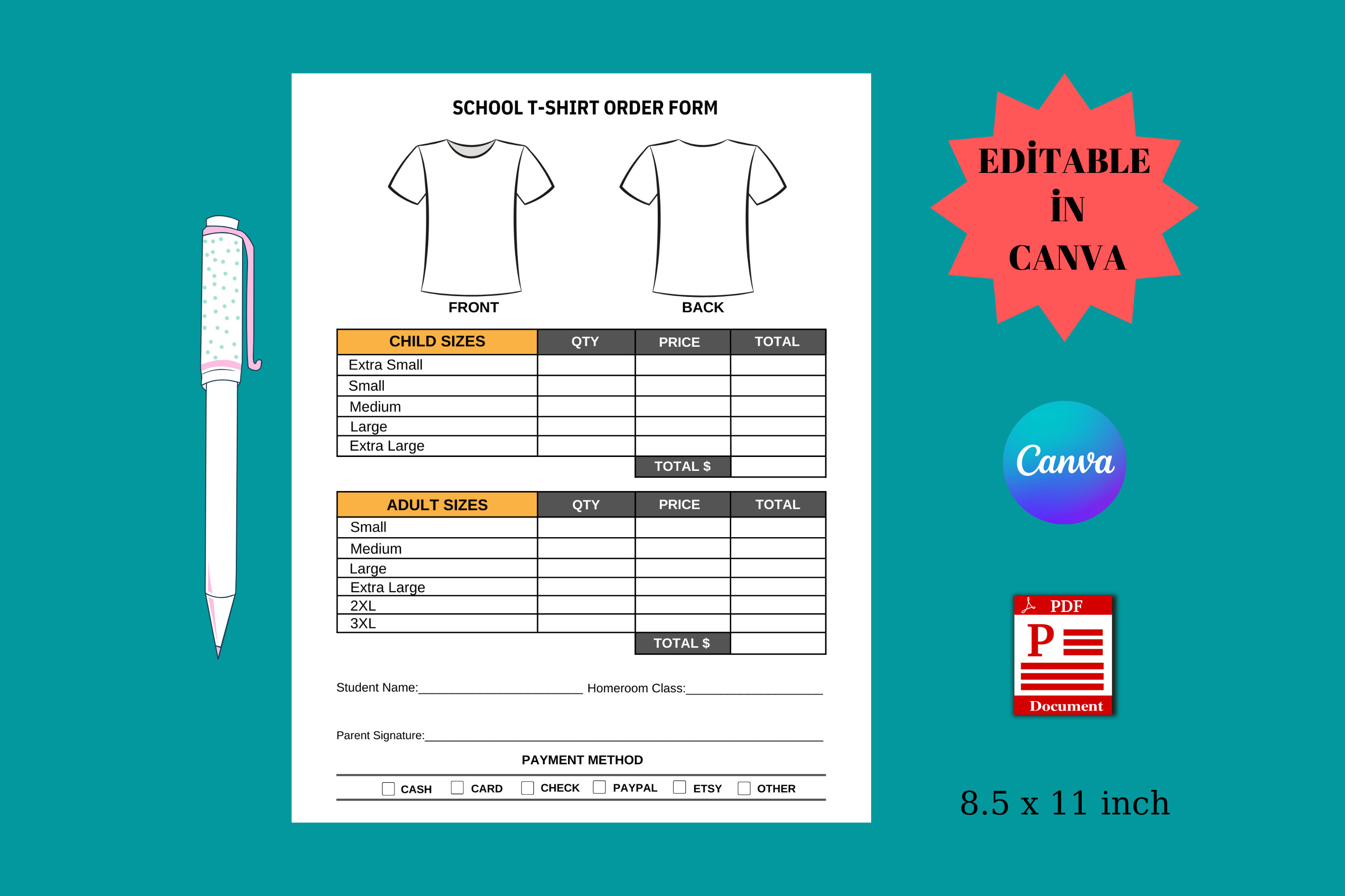 School T-shirt Order Form Template: Editable Canva PDF (digital ...