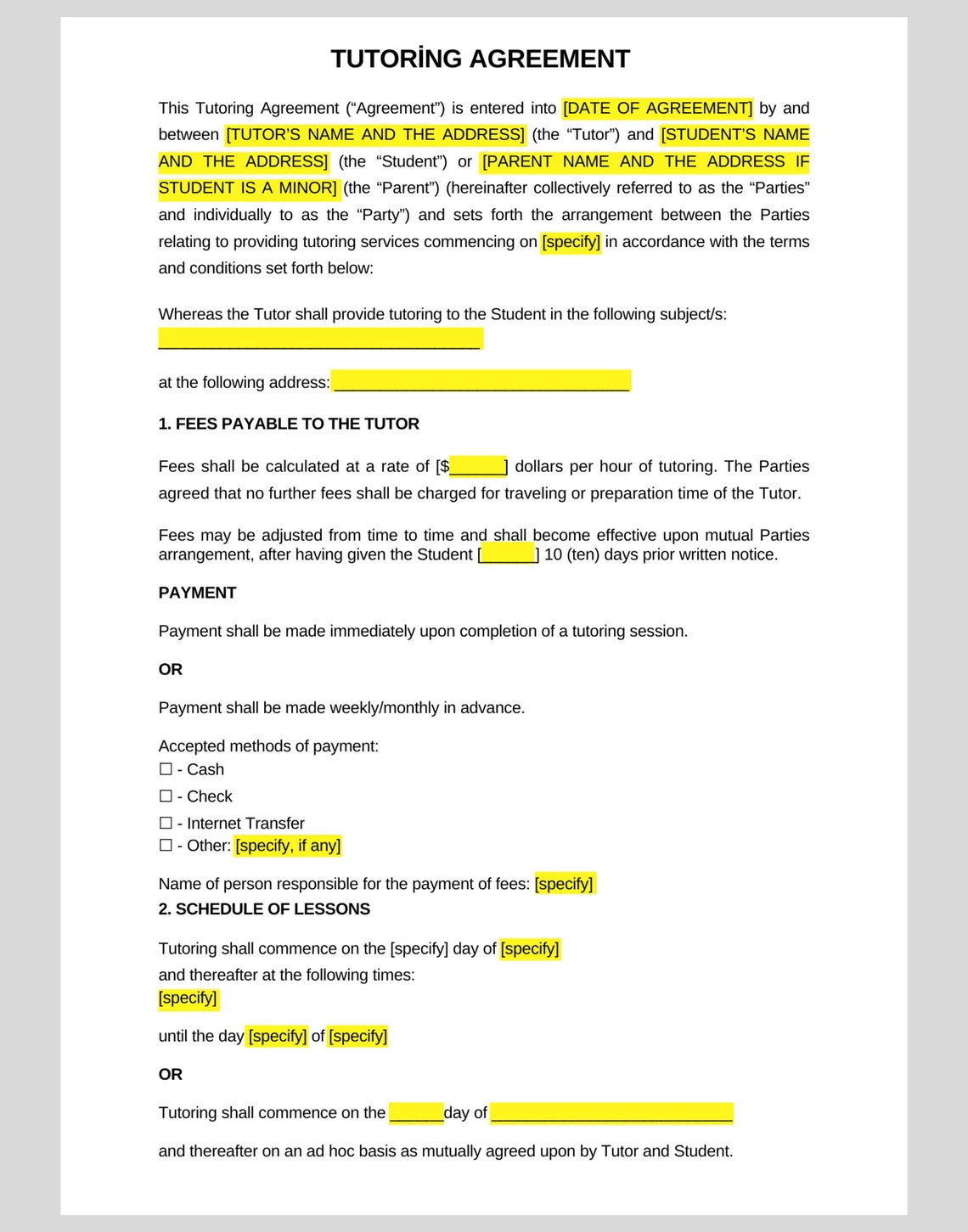 Printable Tutor Contract Template: Editable Teacher Tutoring Form ...