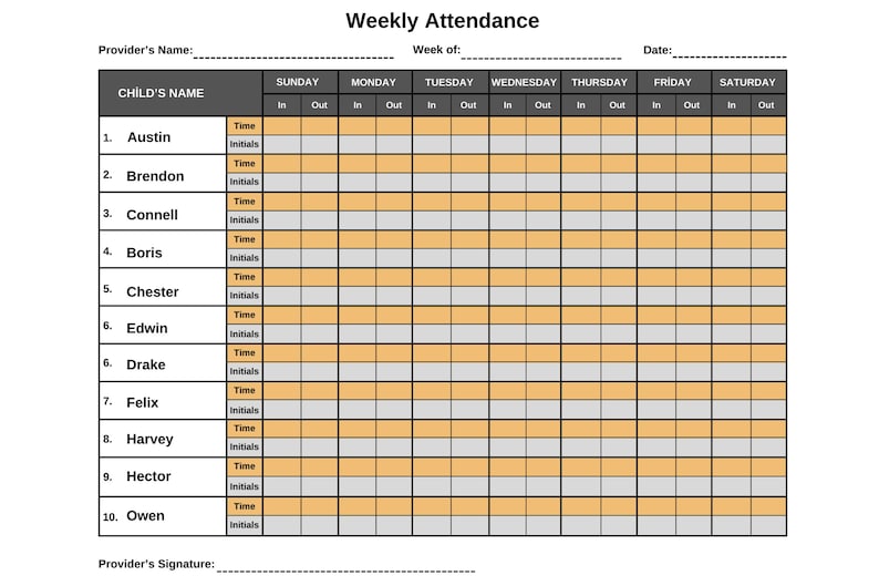 Printable Weekly Attendance Sheet: Fillable Child Care Form (digital ...