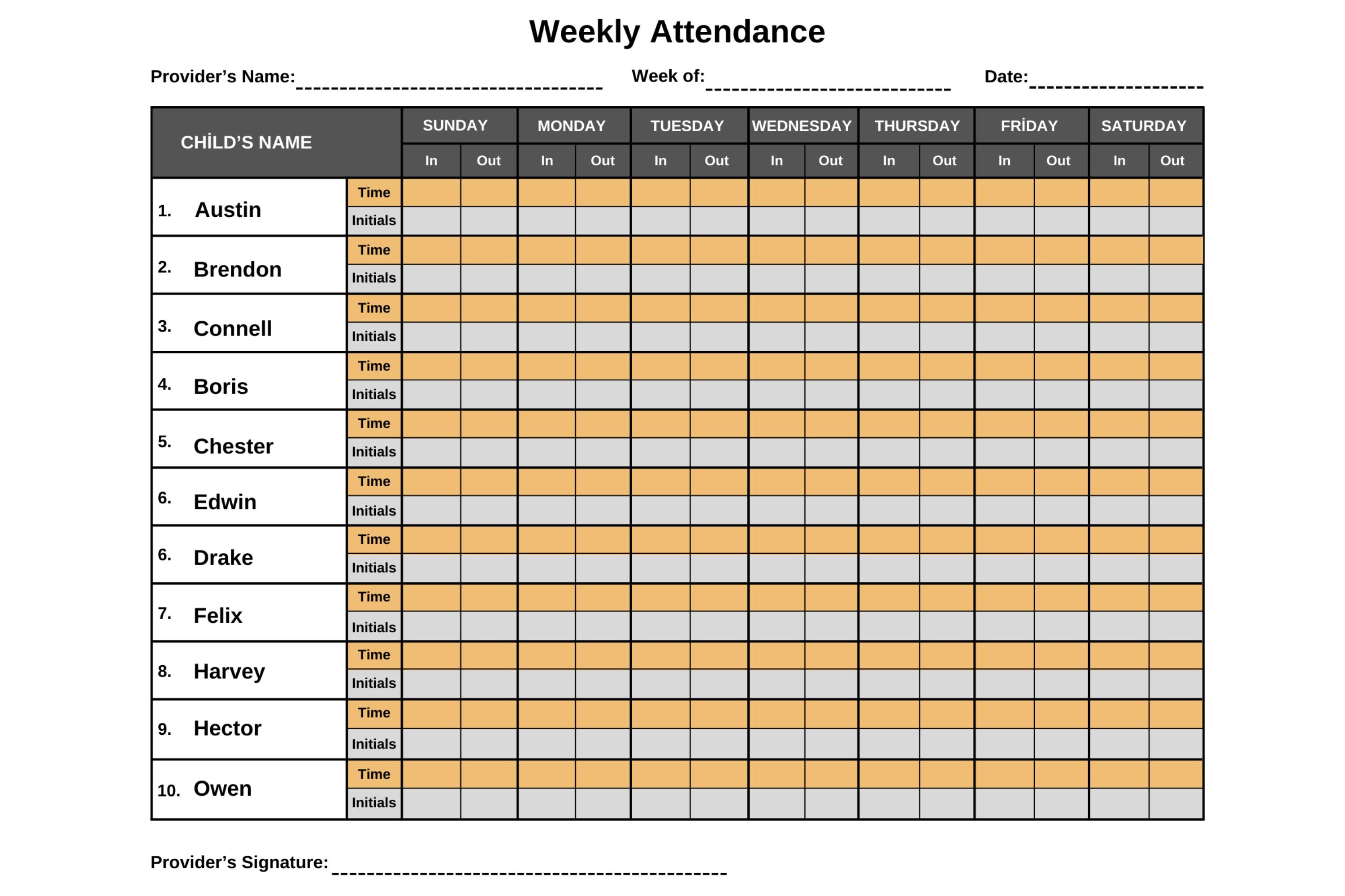 Printable Weekly Attendance Sheet: Fillable Child Care Form (digital ...