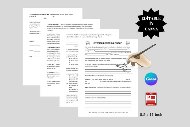 Printable Interior Designer Contract Template: Editable PDF (digital ...