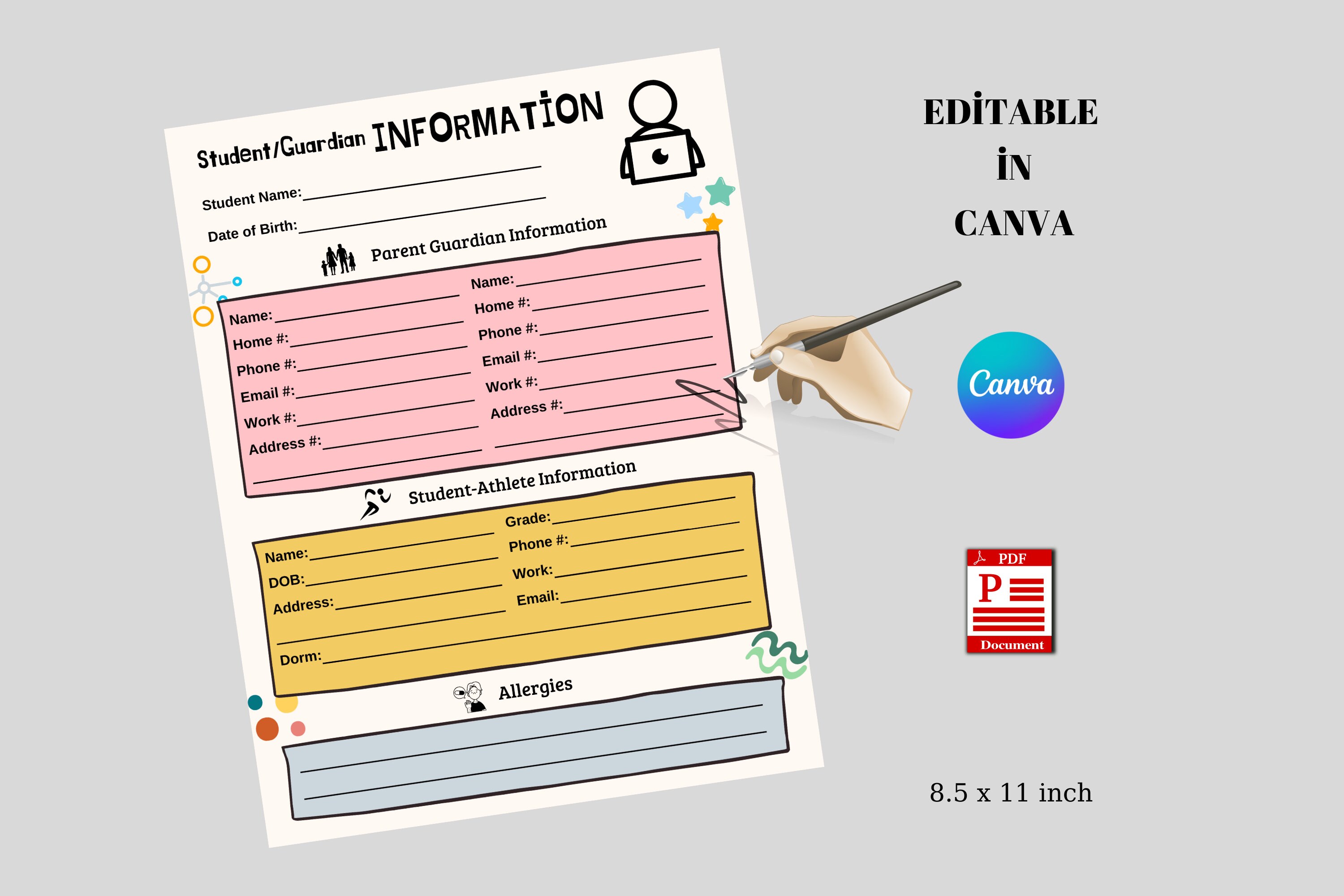 Printable Student/parent Contact Information, Editable Student ...