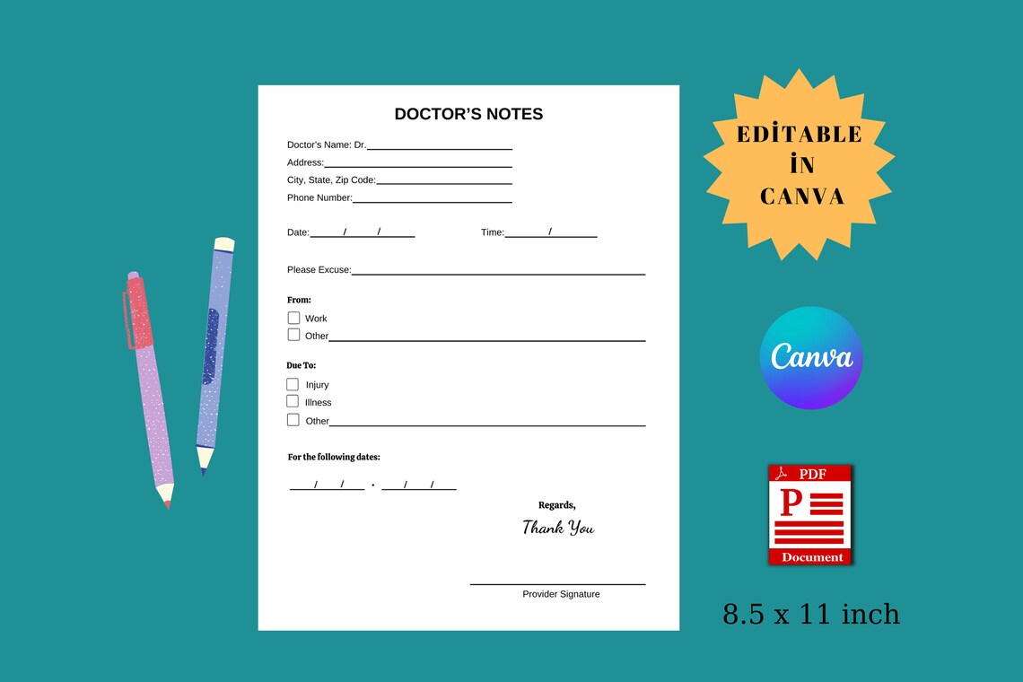Doctor's Excuse Template Editable in Canva Medical Office - Etsy