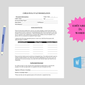 Printable Child Pickup Form, Authorized Pickup Template, Edit in Word ...