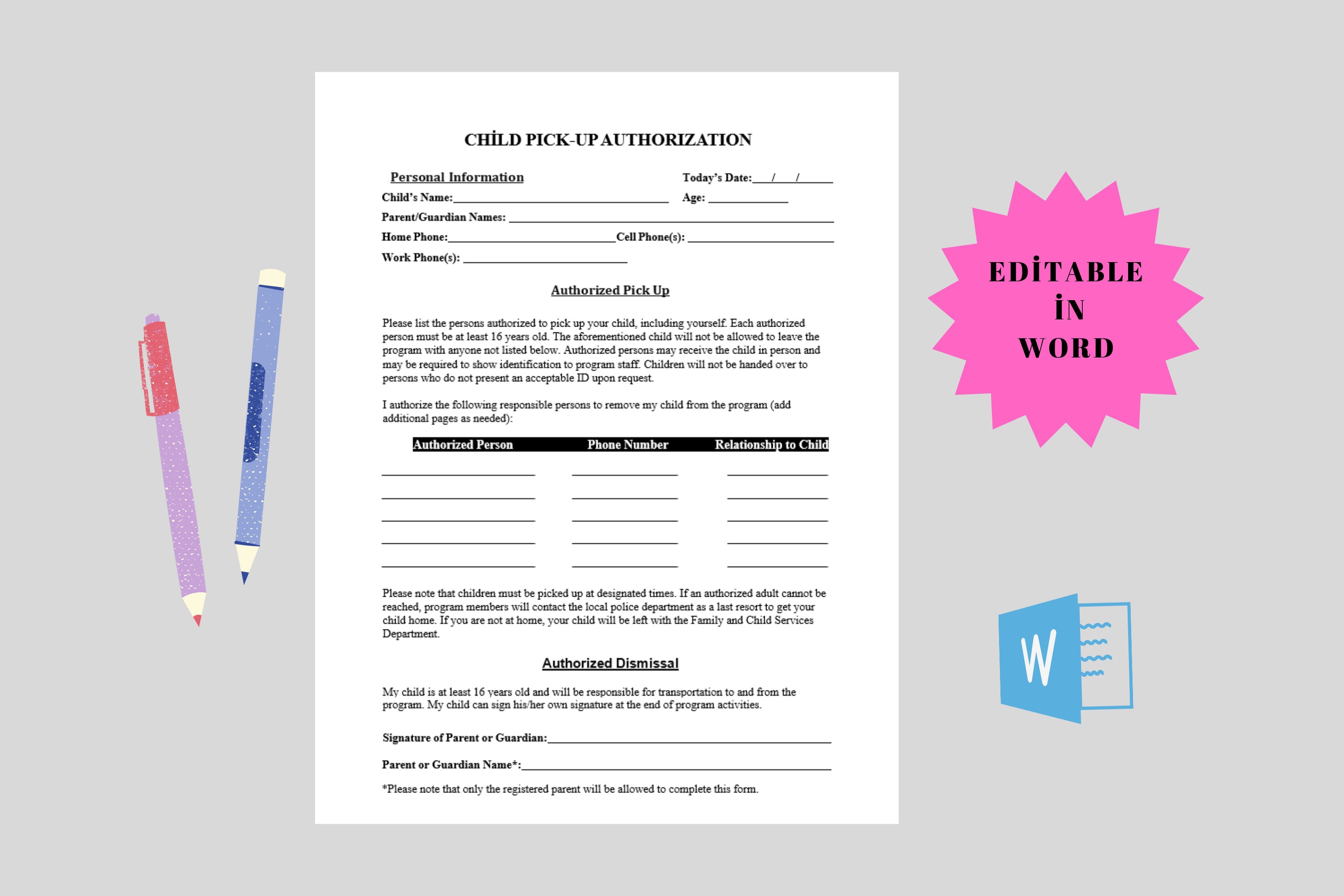Printable Child Pickup Form, Authorized Pickup Template, Edit in Word ...