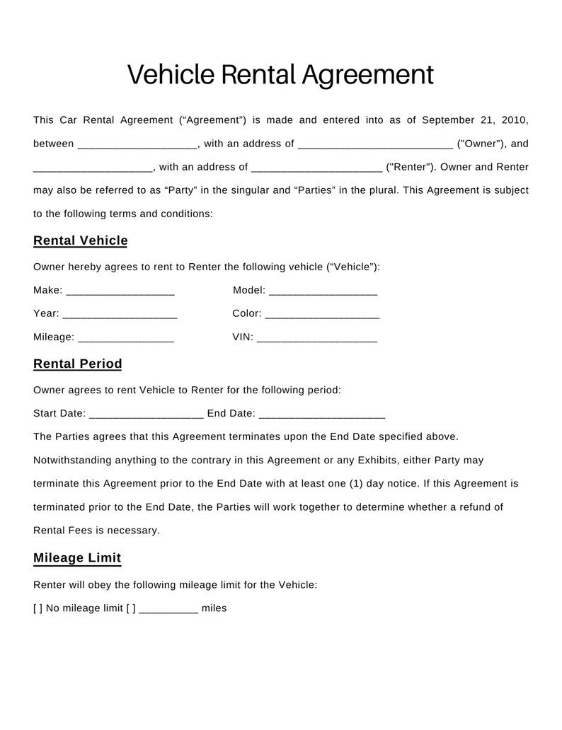 Printable Car Rental Agreement: Editable Vehicle Contract (canva) - Etsy