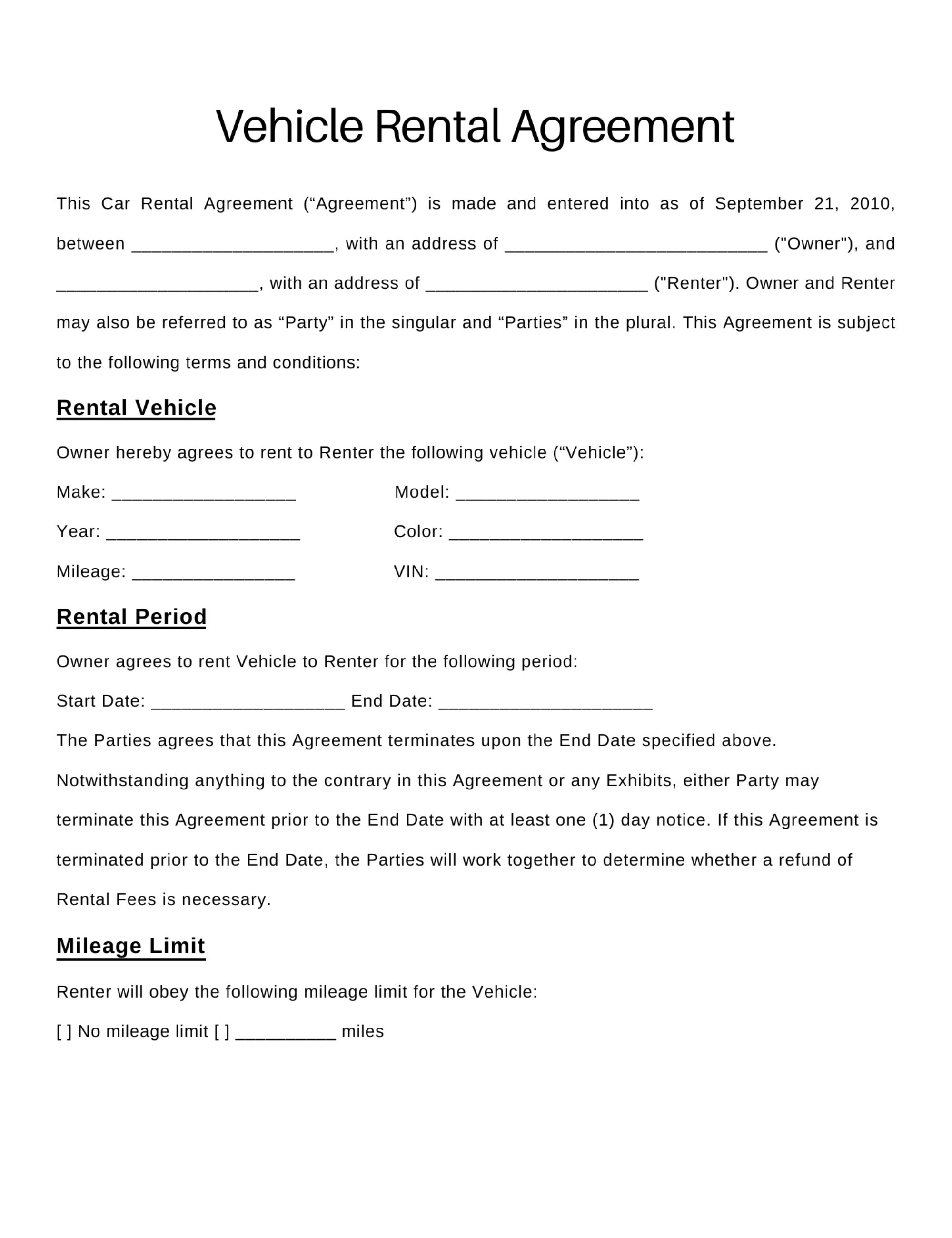 Printable Car Rental Agreement Vehicle Rental Agreement Etsy