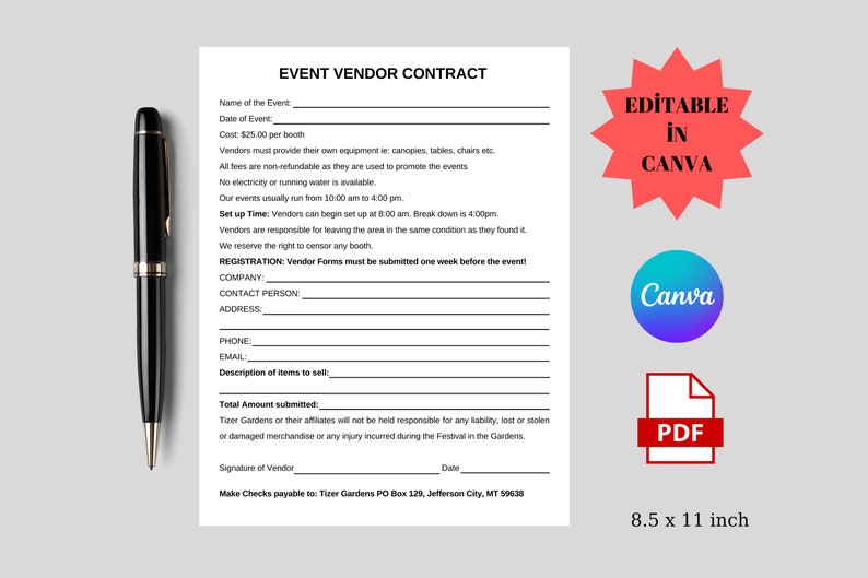 Printable Event Vendor Contract: Editable Template (PDF, Word, Canva ...