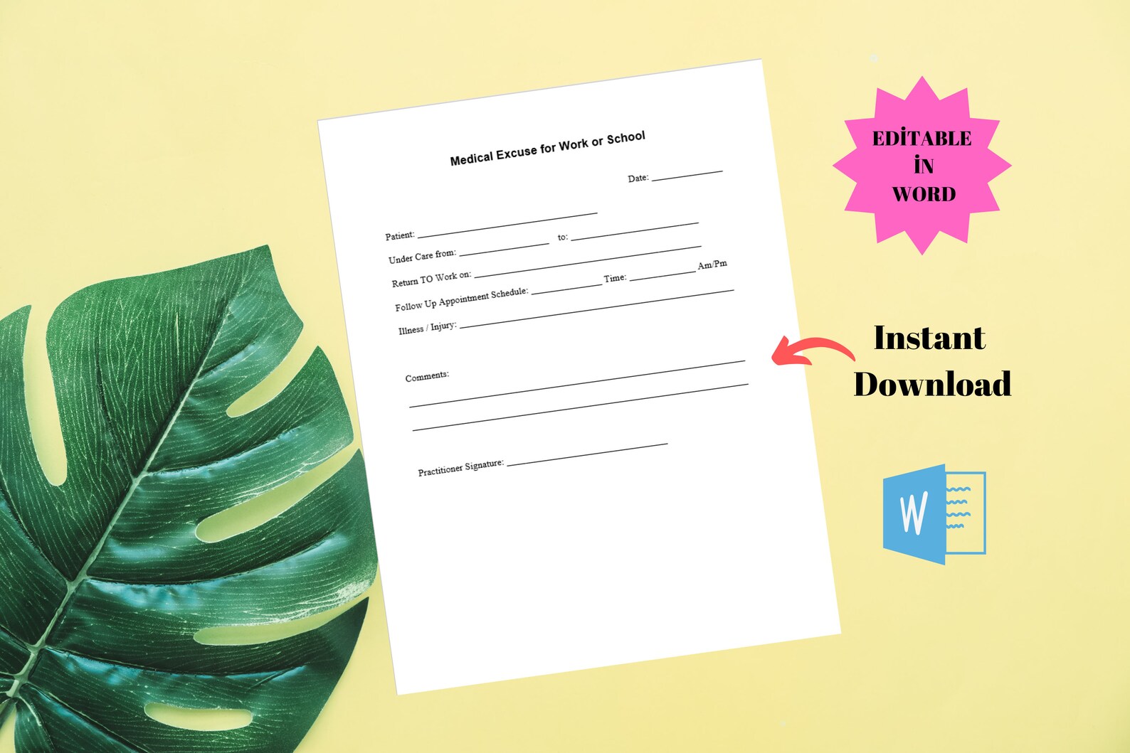 Printable Medical Excuse for Work or School Form, Editable Excuse Form ...