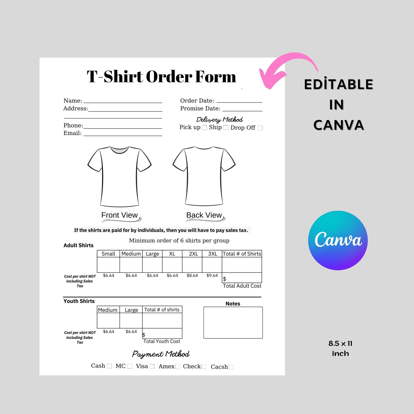T-shirt Order Form Template: Editable Canva Design (printable PDF) - Etsy