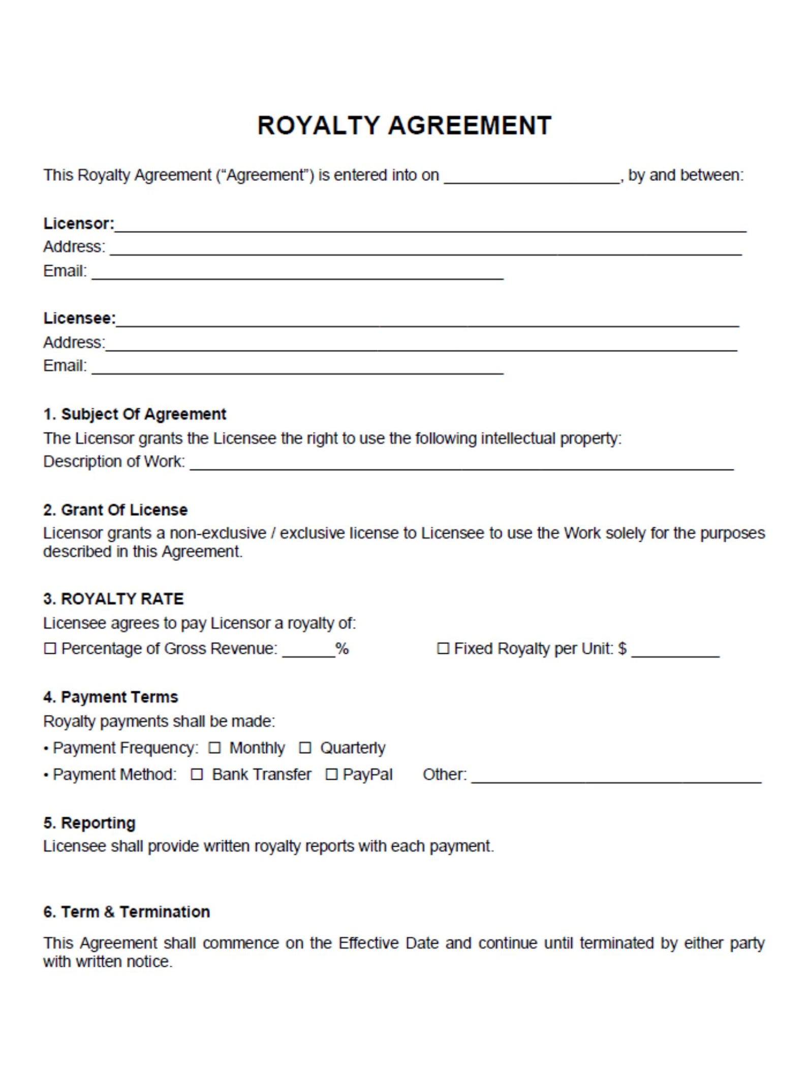 Editable Royalty Agreement Template, Printable Licensing Contract, Word ...