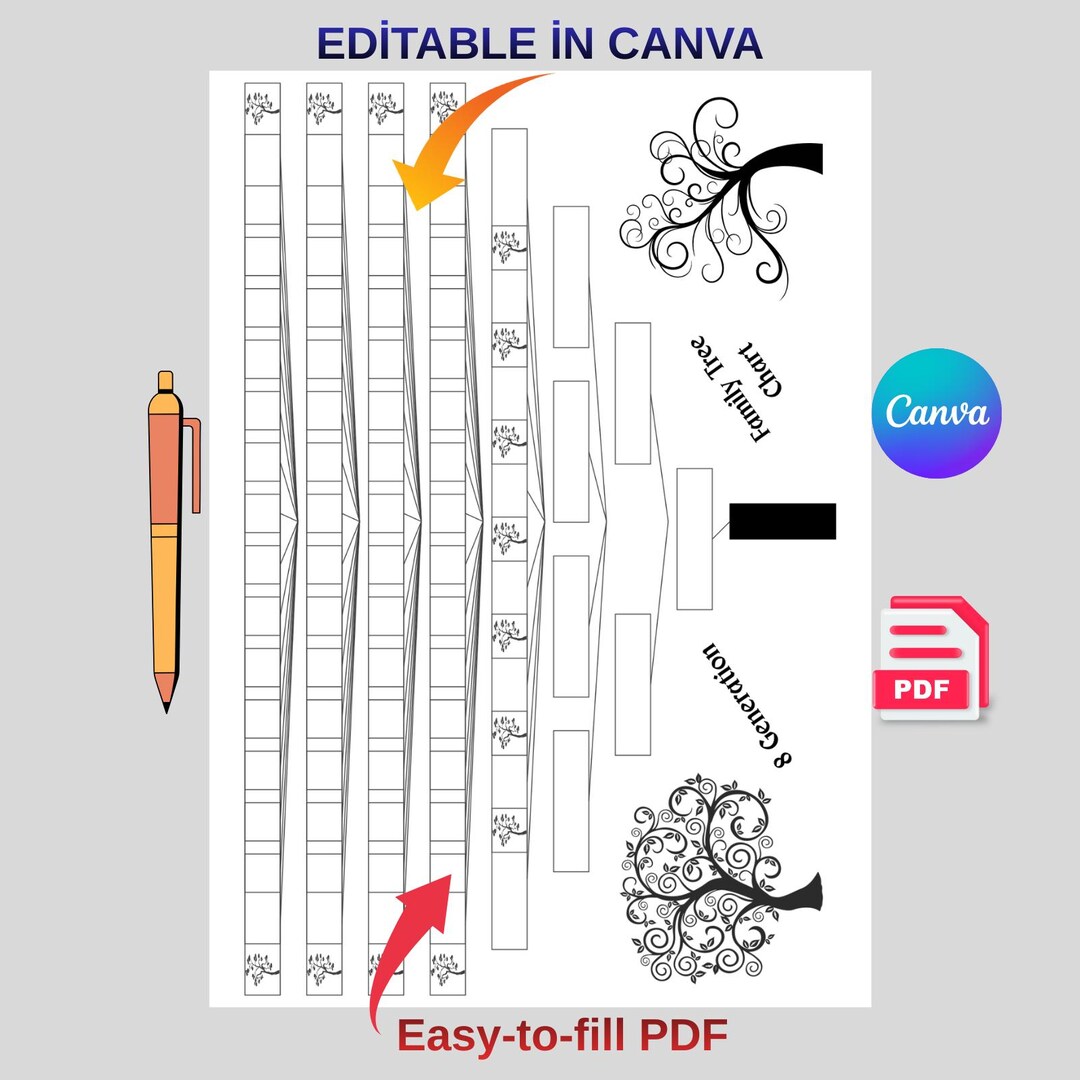 Printable 8 Generation Family Tree Chart Template , Editable Ancestry ...