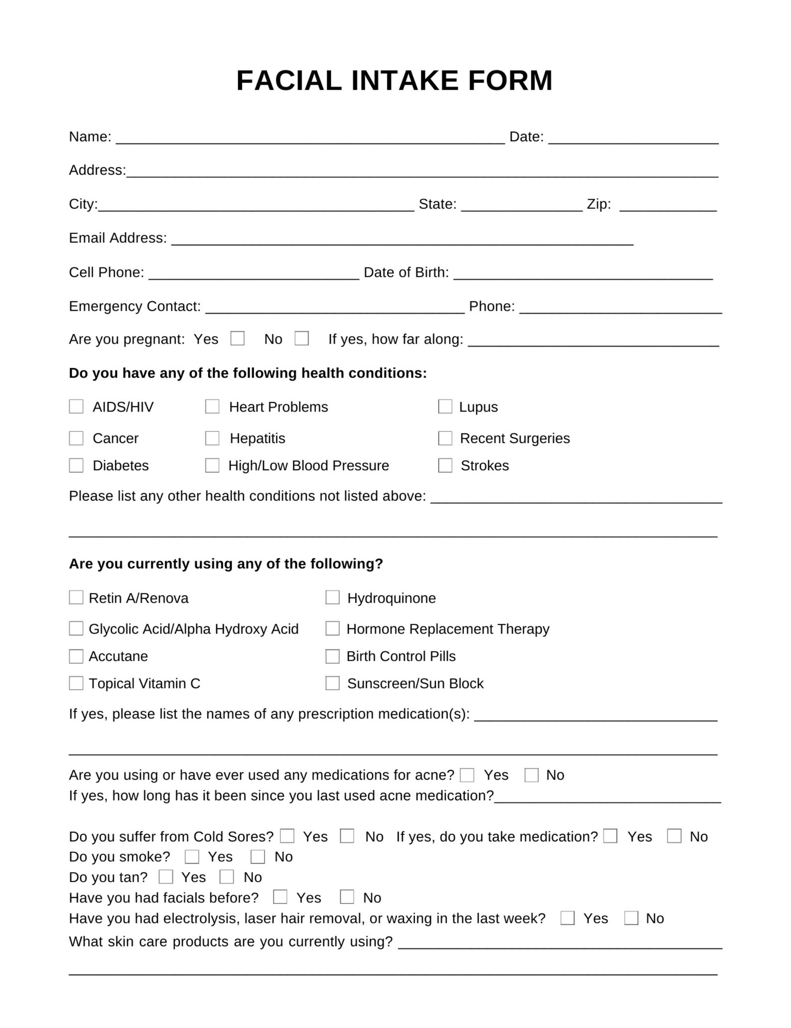 Printable Facial Consultation Form: Client Intake, Editable in Canva ...