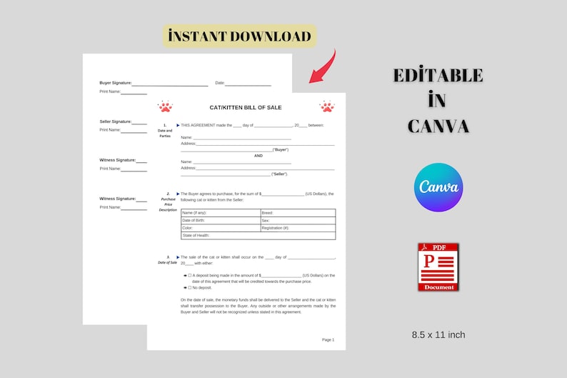 Printable Cat/kitten Bill of Sale Form, Editable Template in Canva ...