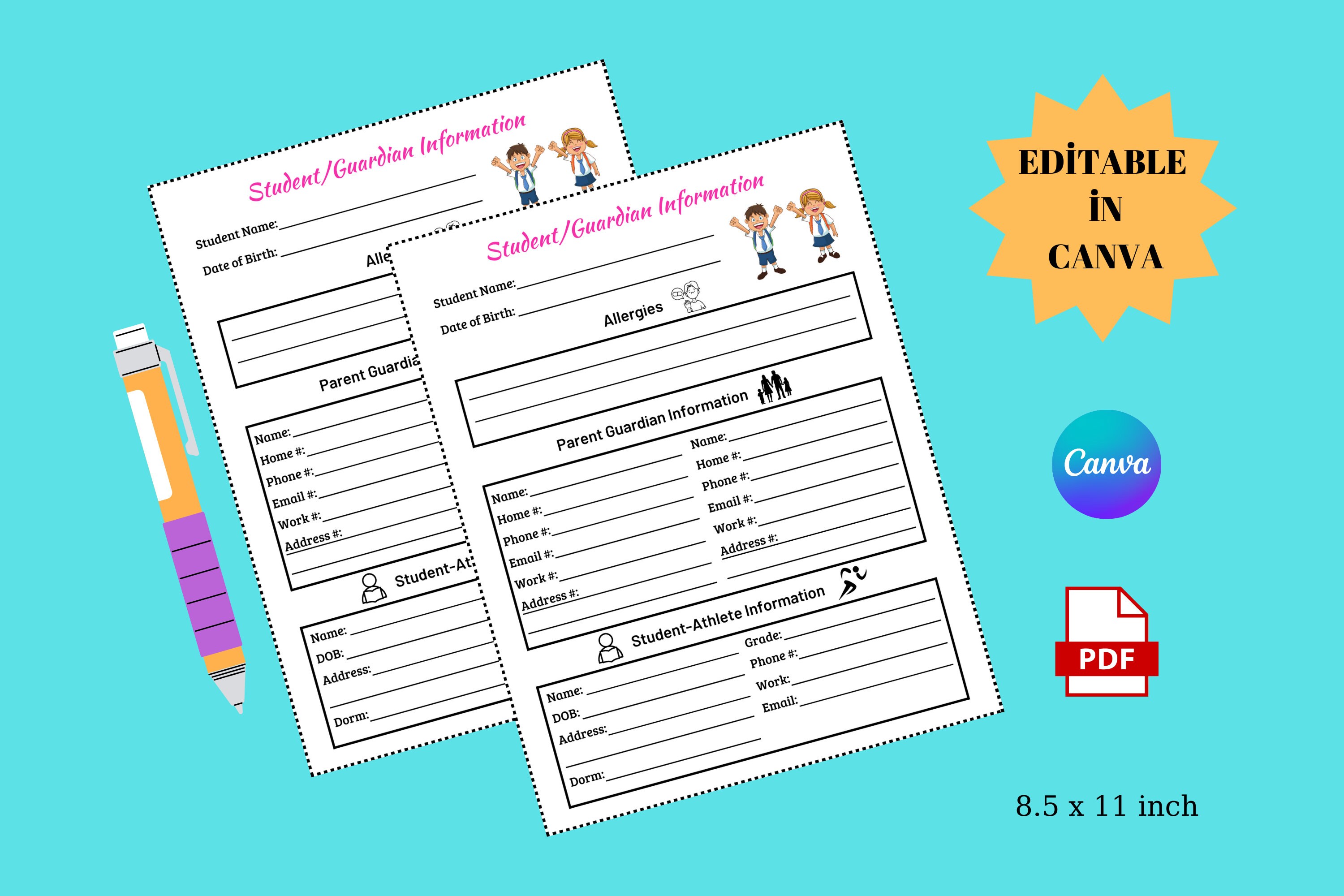 Printable Student/parent Contact Information Editable Student - Etsy