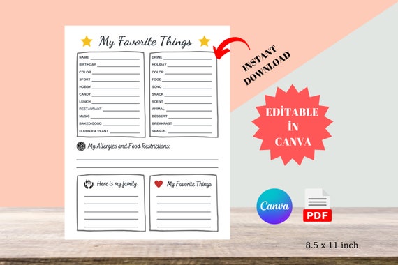 Printable Favorite Things Survey Co-worker All About Me List - Etsy