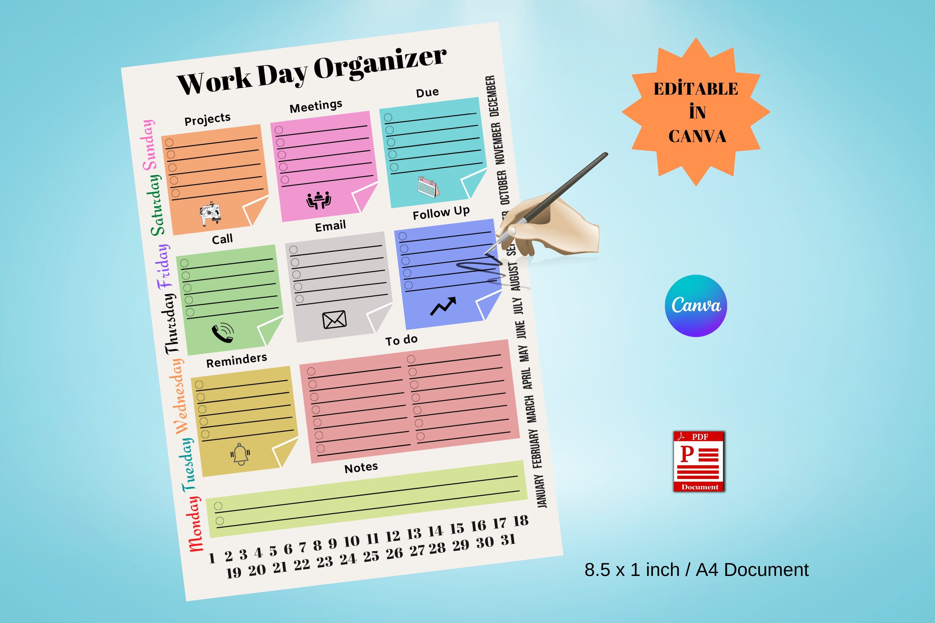 Workday Organizer Template, Work Planner Editable PDF to Do List Edit ...