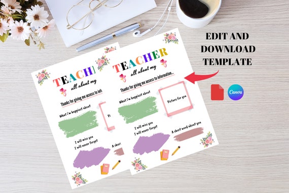Teacher Thank You Template All About My Teacher Editable on - Etsy ...