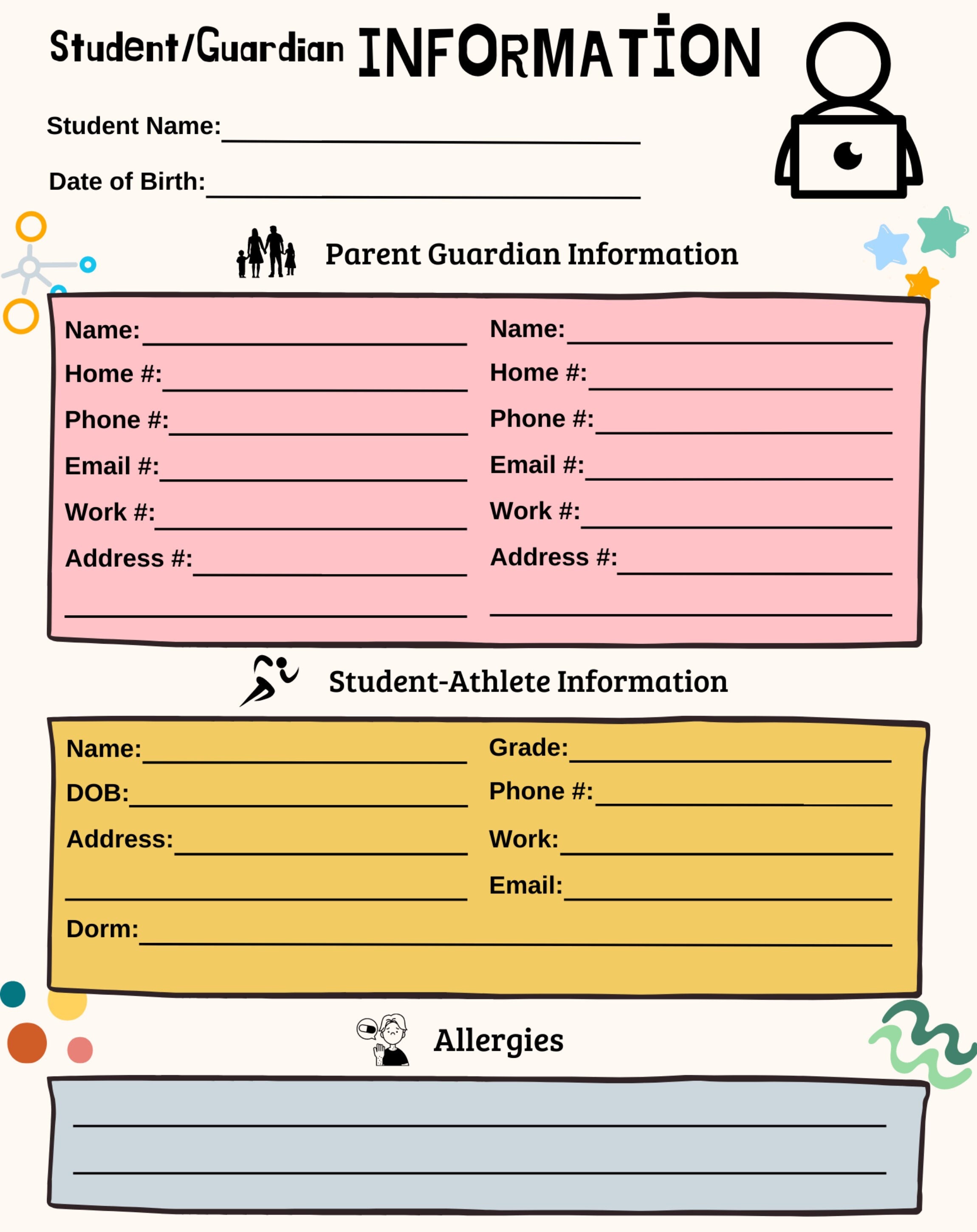 Printable Student/parent Contact Information, Editable Student ...