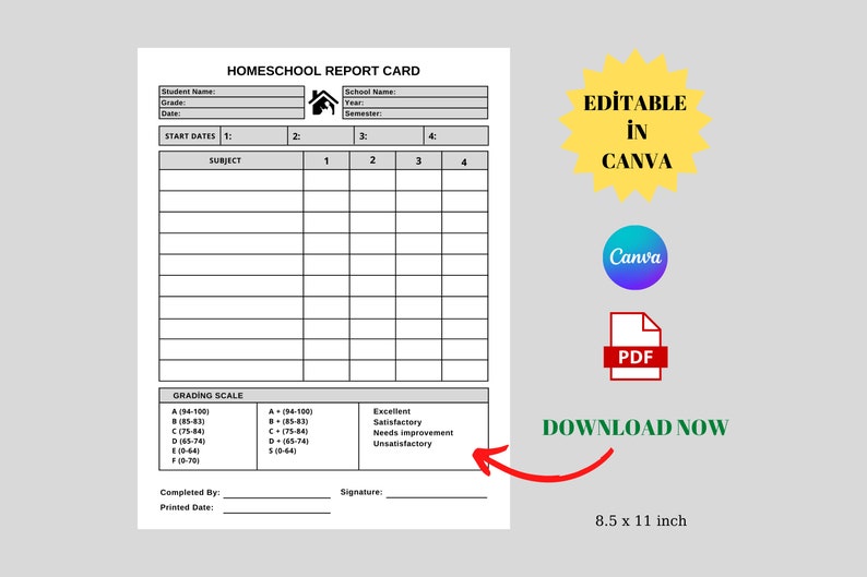 Printable Homeschool Report Card: Simple Gray & White Template (PDF) - Etsy