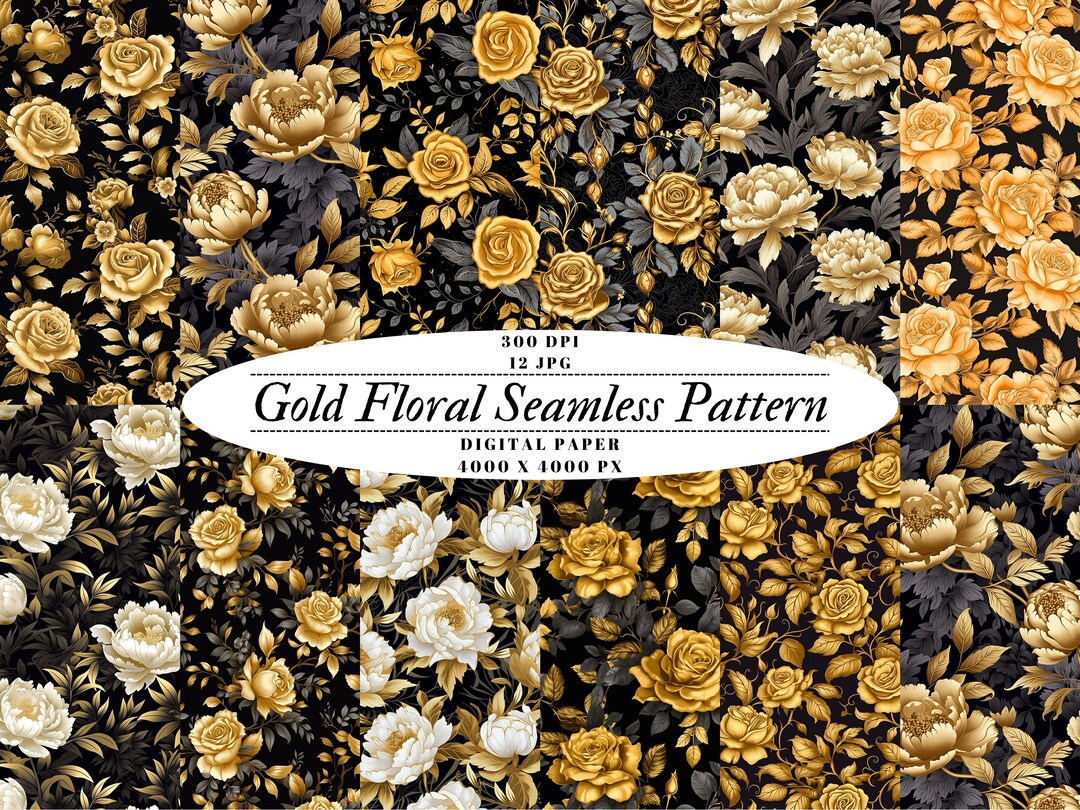 Gold Flowers Seamless Pattern, Gold Floral Digital Paper Bundle, 300 ...