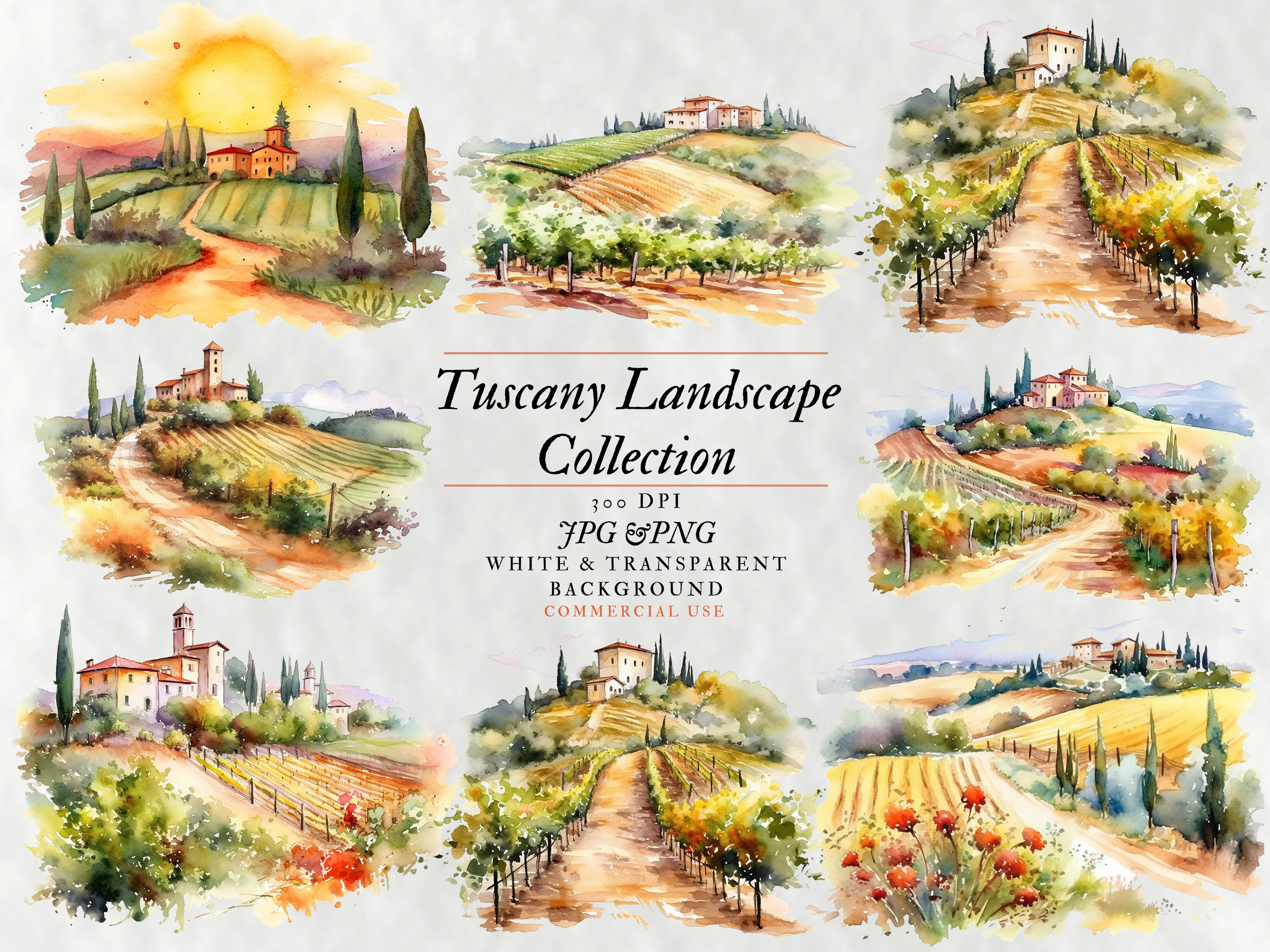 SALE Beautiful Tuscany Fields Watercolor Collection Clip Art Png and ...