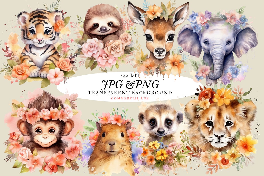 SALE! Baby Animals With Flowers Watercolor Bundle Clip Art PNG and JPG ...