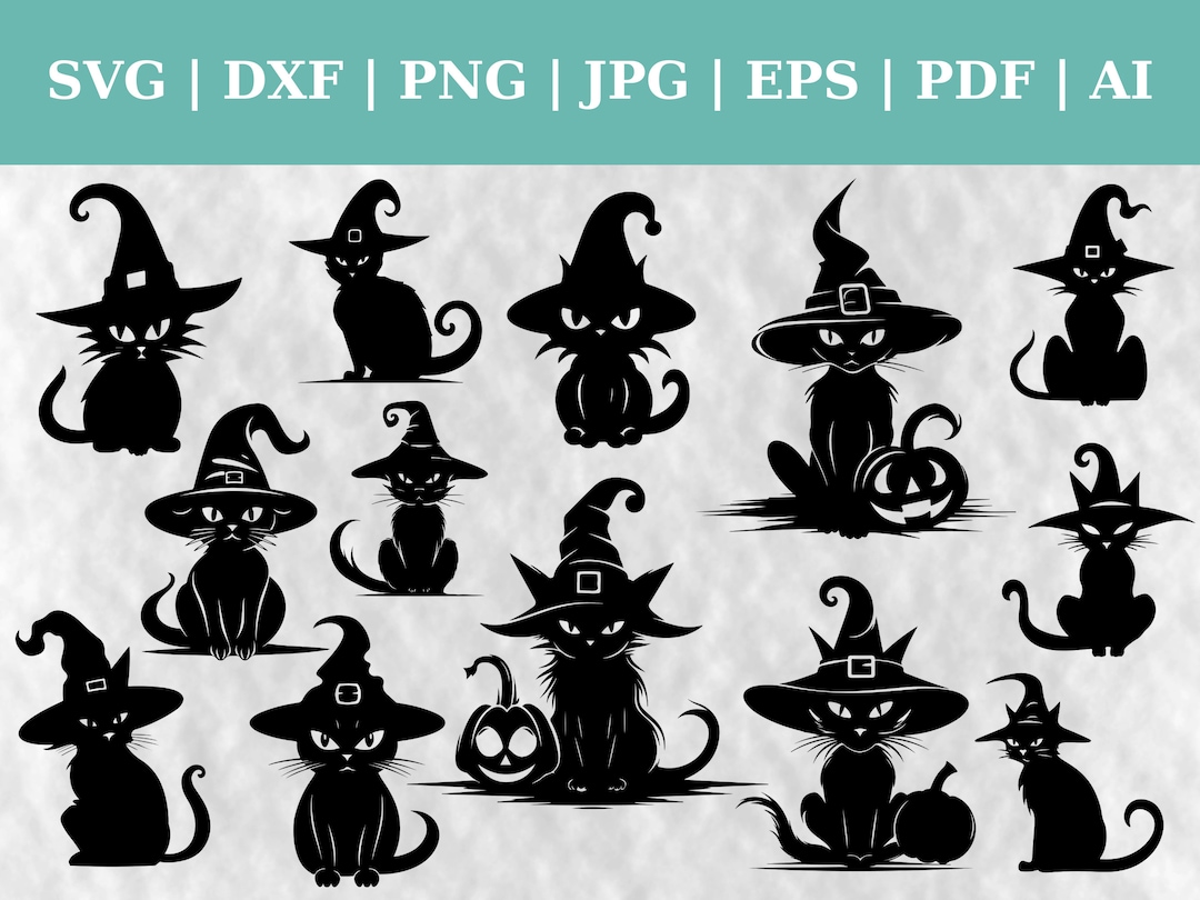 Halloween Cat Bundle Cut File, Cat Witch Svg, Clipart, Vector SVG | DXF ...