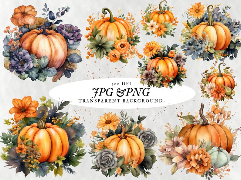 Pumpkin Bundle Halloween Watercolor Clipart 300 DPI Jpg Png Files Solid ...