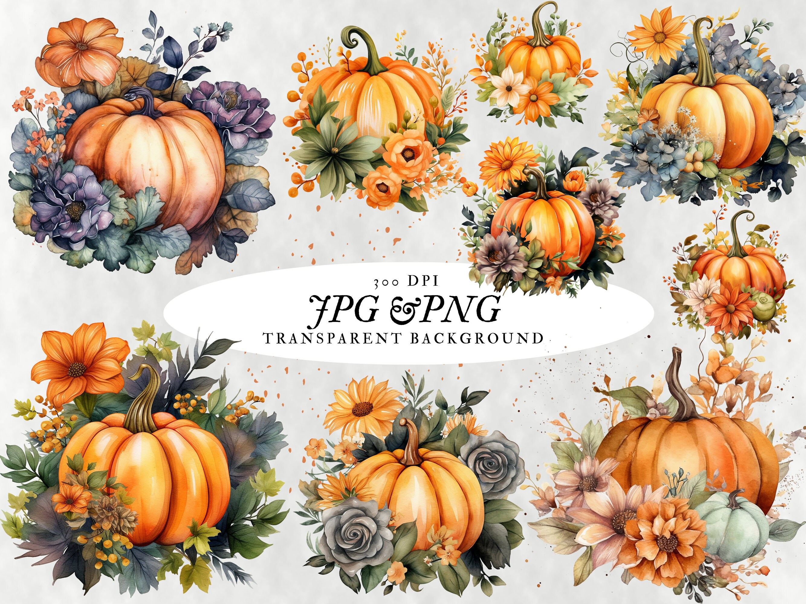 Pumpkin Bundle Halloween Watercolor Clipart 300 DPI Jpg Png Files Solid ...
