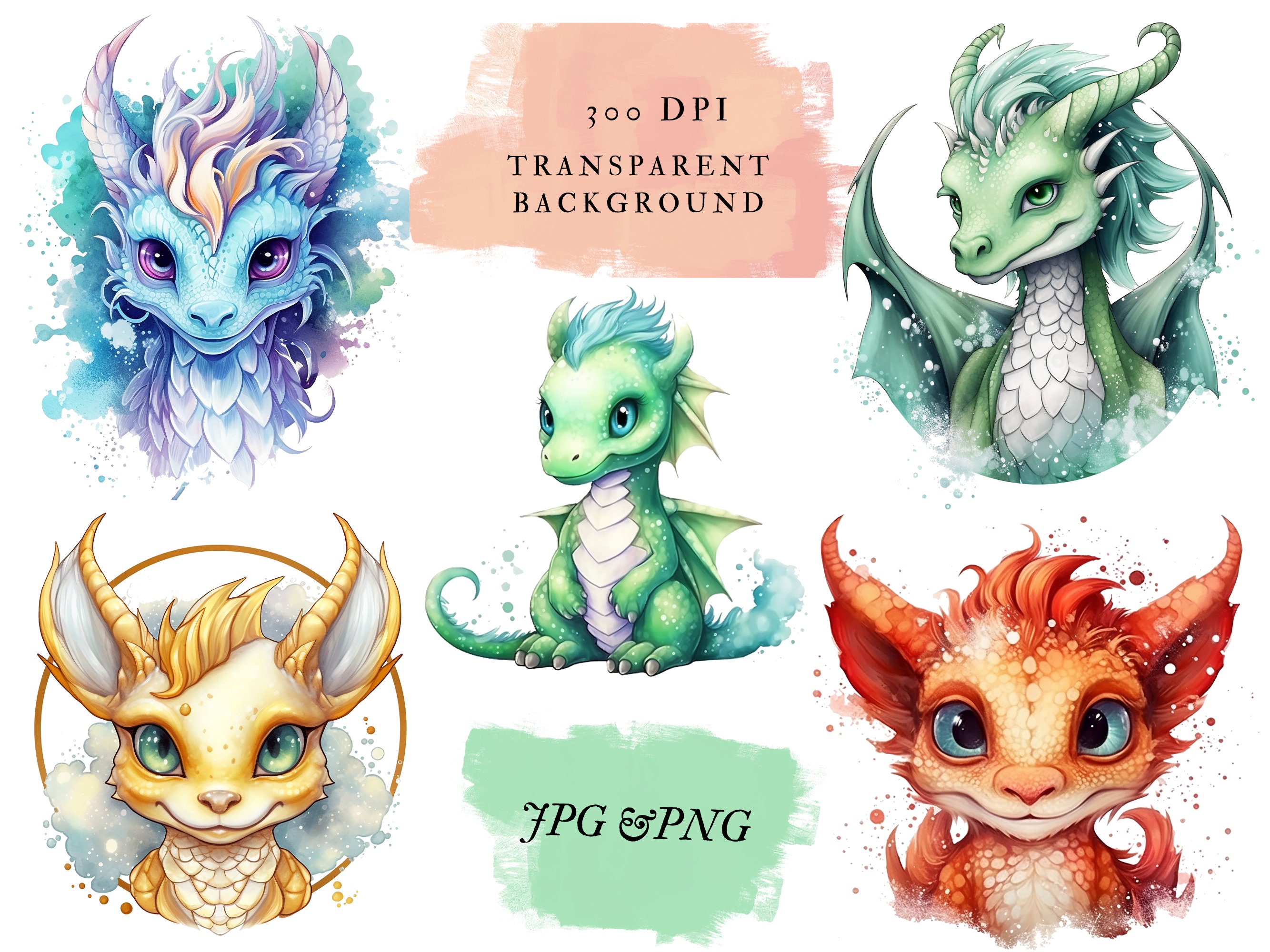 Cute Little Dragons Bundle, Baby Dragon Clip Art, Png and Jpg, High ...