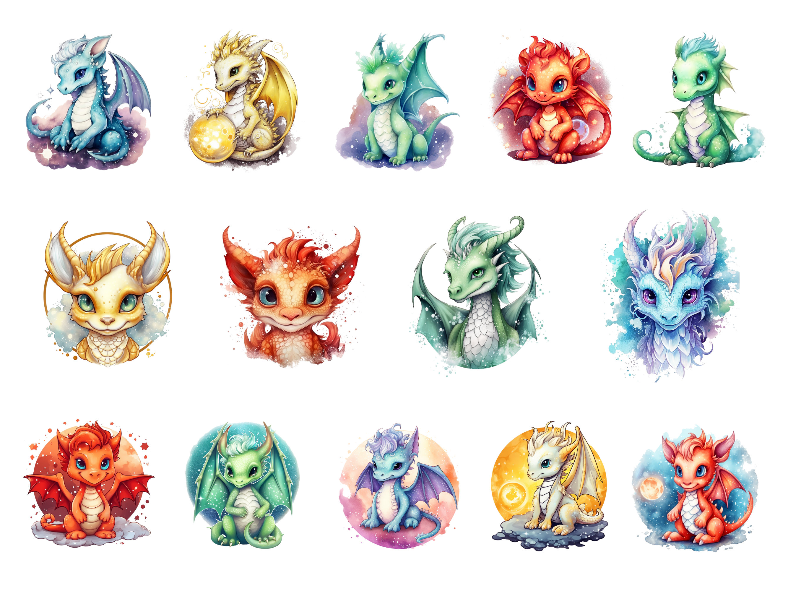 Cute Little Dragons Bundle, Baby Dragon Clip Art, Png and Jpg, High ...