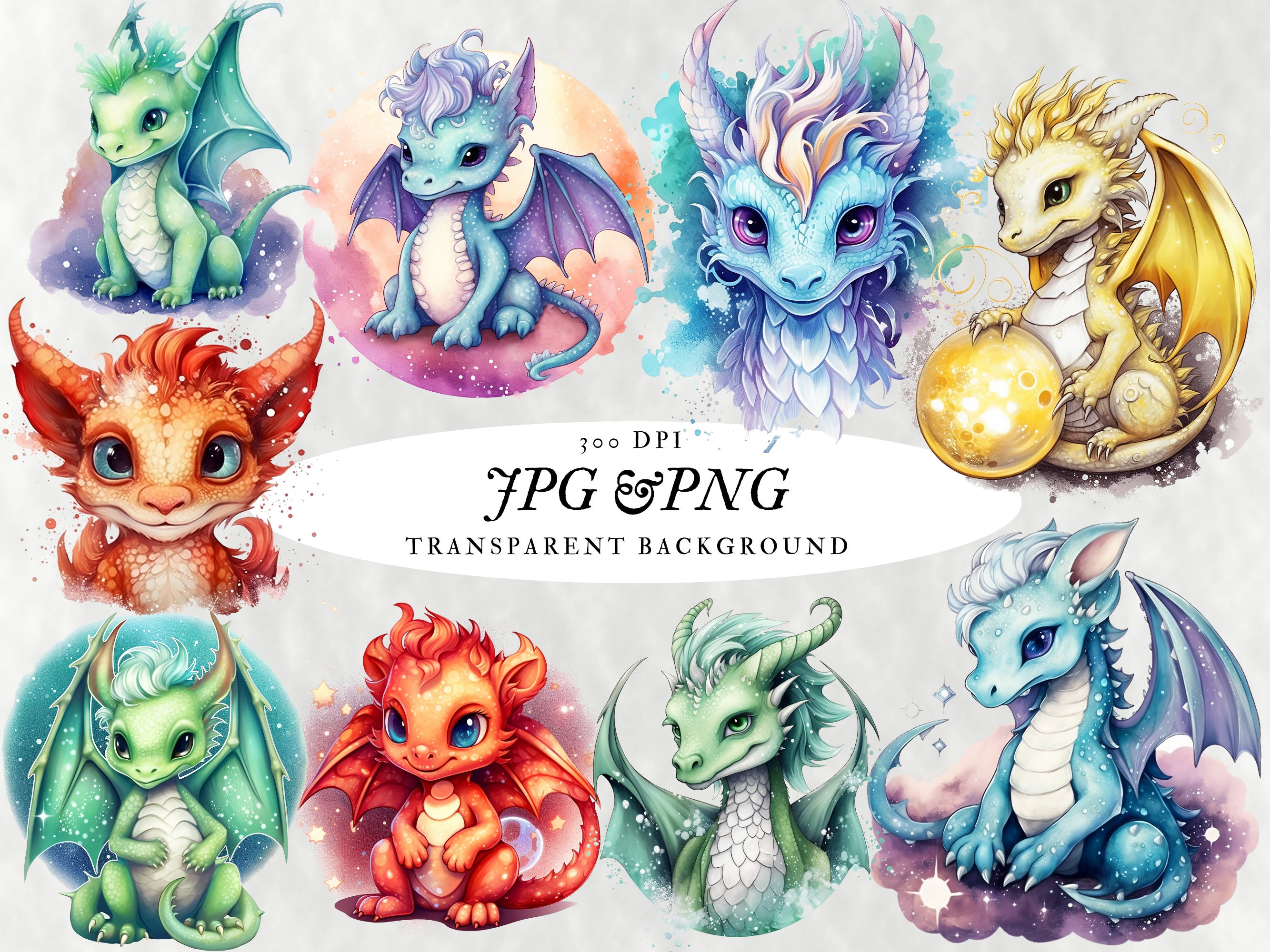 Cute Little Dragons Bundle, Baby Dragon Clip Art, Png and Jpg, High ...