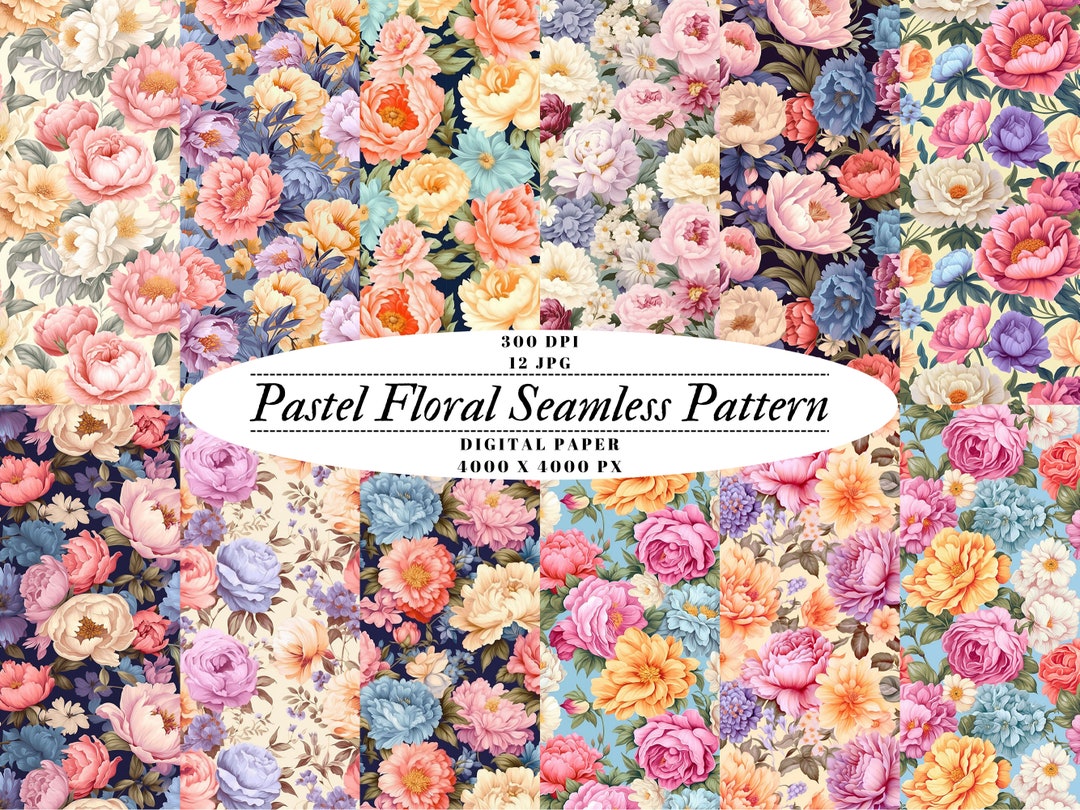 Pastel Flowers Seamless Pattern, Floral Digital Paper Bundle, 300 DPI ...
