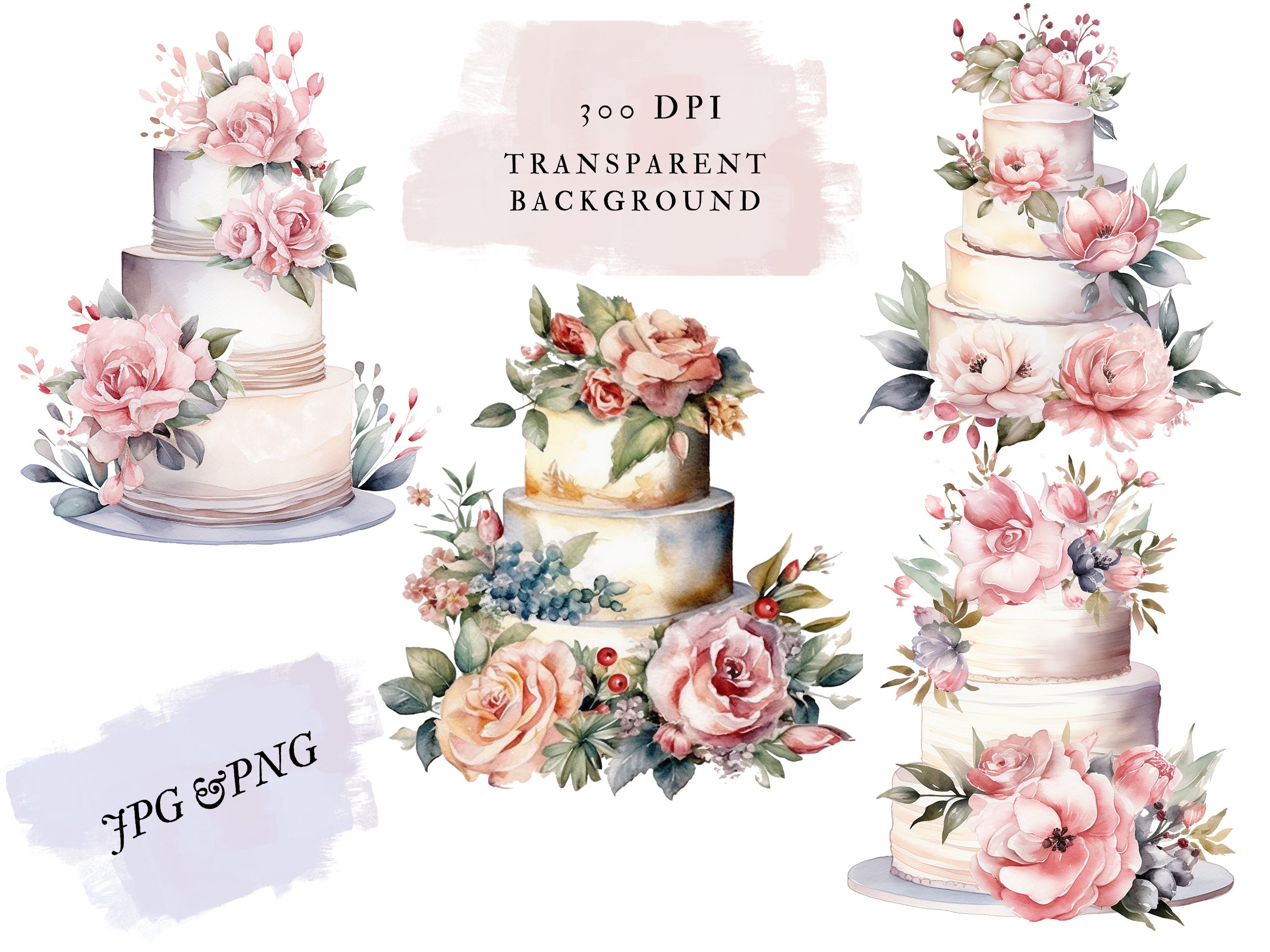 Wedding Cakes Bundle Watercolor Clipart 300 DPI Jpg and Png Files Solid ...