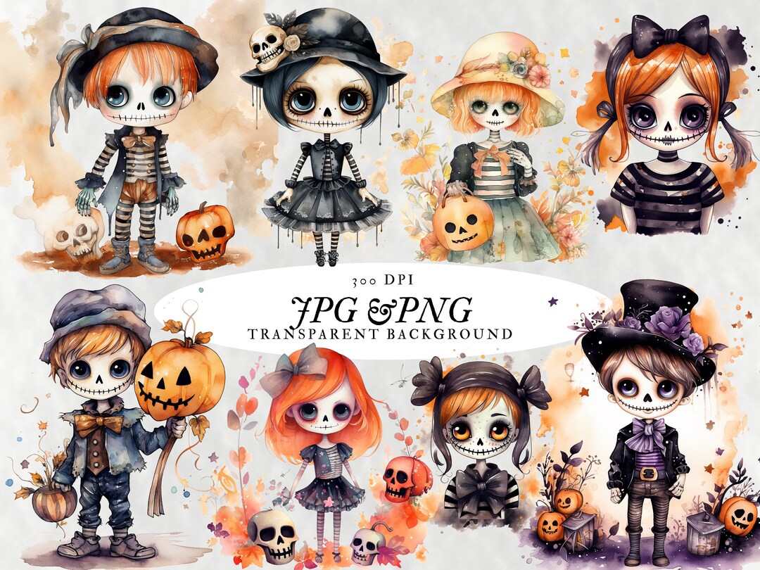 Cute Skeleton Bundle Watercolor Halloween Clipart 300 DPI Jpg Png Files ...