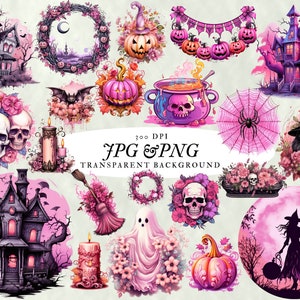 Pink Halloween Bundle Halloween Clip Art Png and Jpg 300 Dpi Solid ...