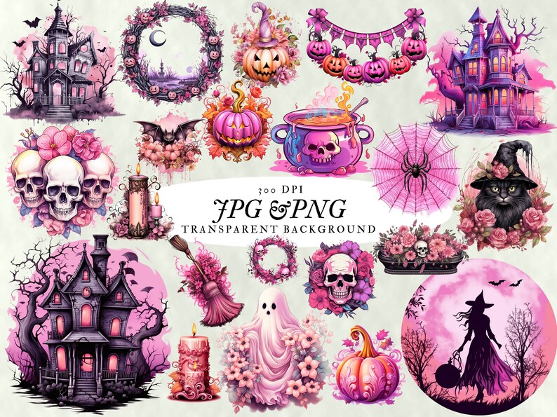 Pink Halloween Bundle Halloween Clip Art Png and Jpg 300 Dpi Solid ...