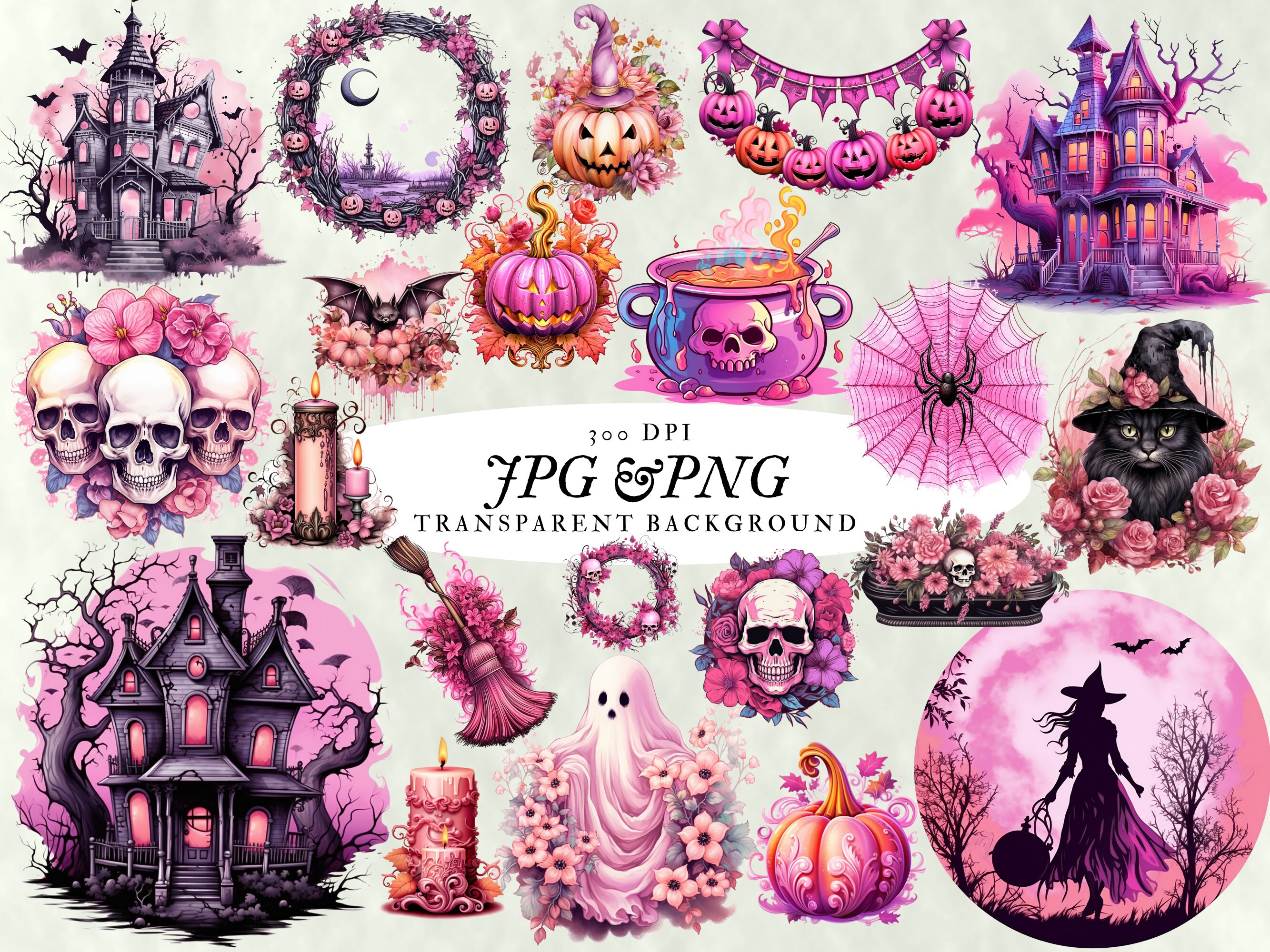 Pink Halloween Bundle Halloween Clip Art Png and Jpg 300 Dpi Solid ...