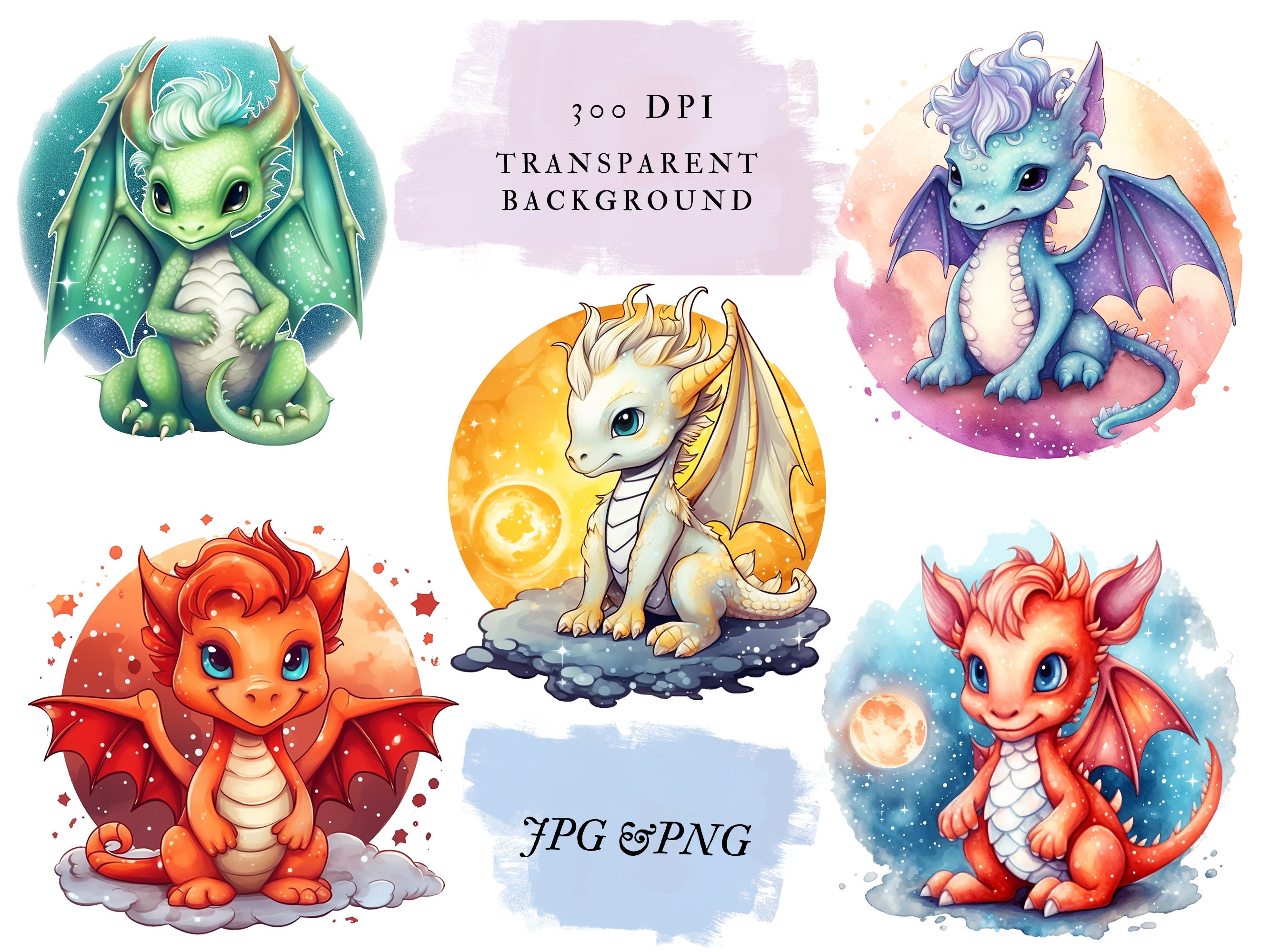 Cute Little Dragons Bundle, Baby Dragon Clip Art, Png and Jpg, High ...