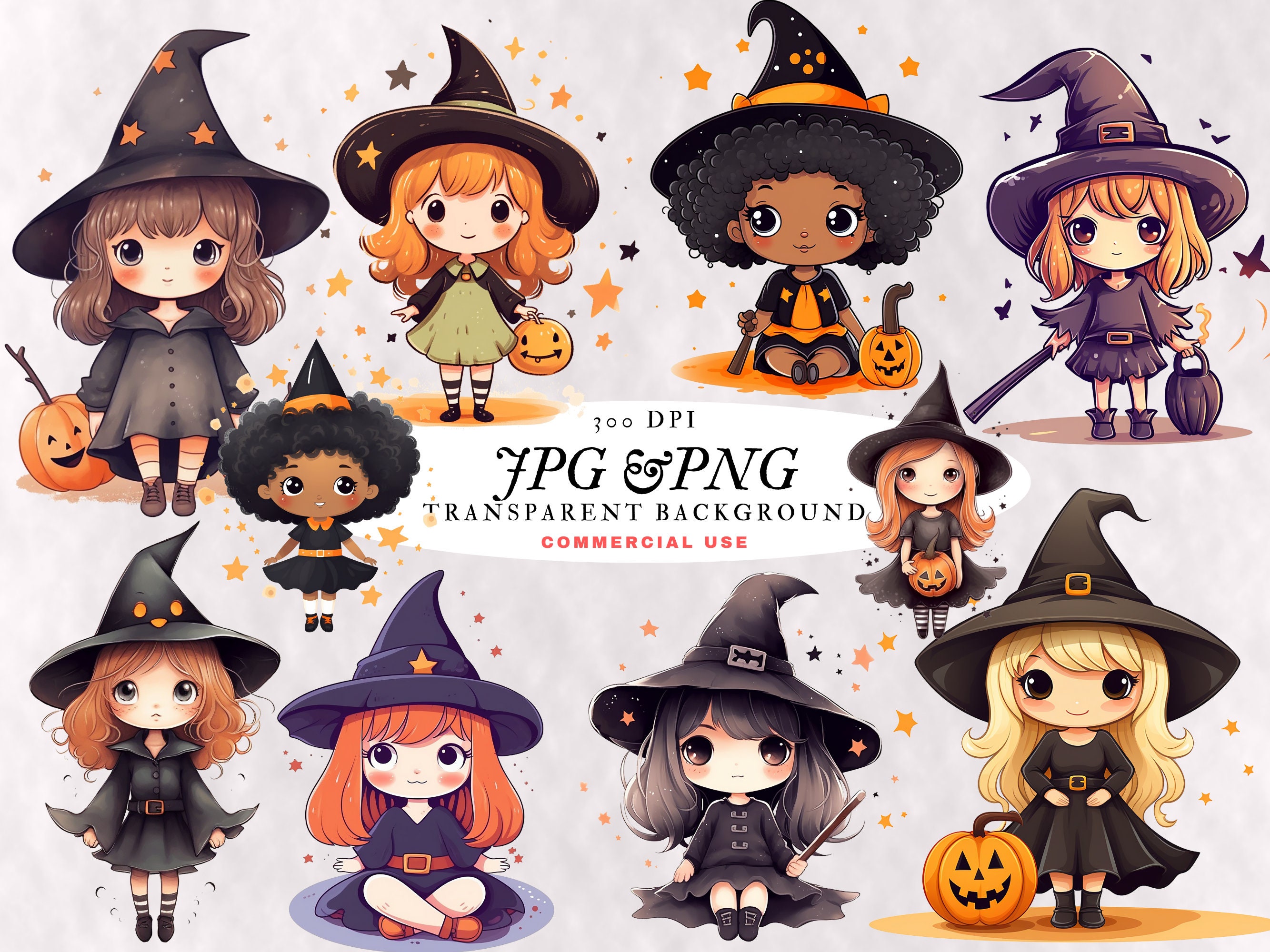 Cute Little Witch Collection Halloween Bundle Clip Art PNG and JPG High ...