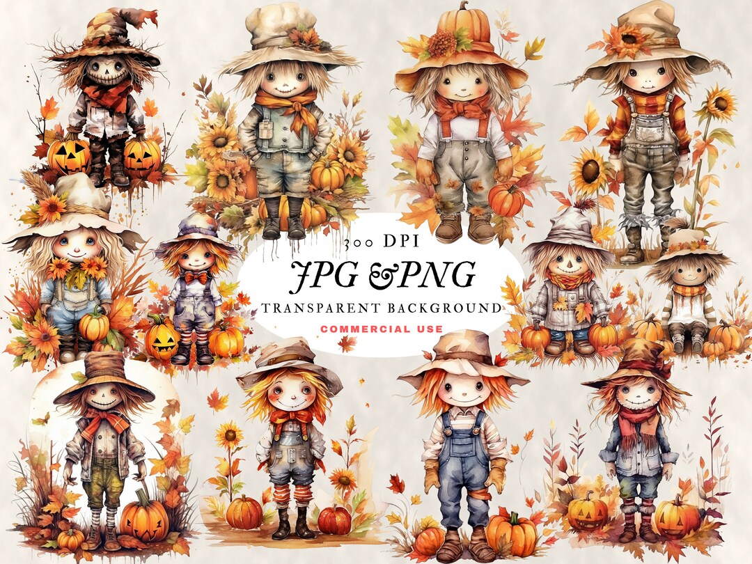 Cute Scarecrow Bundle Fall Clip Art Scarecrow Autumn PNG and JPG High ...